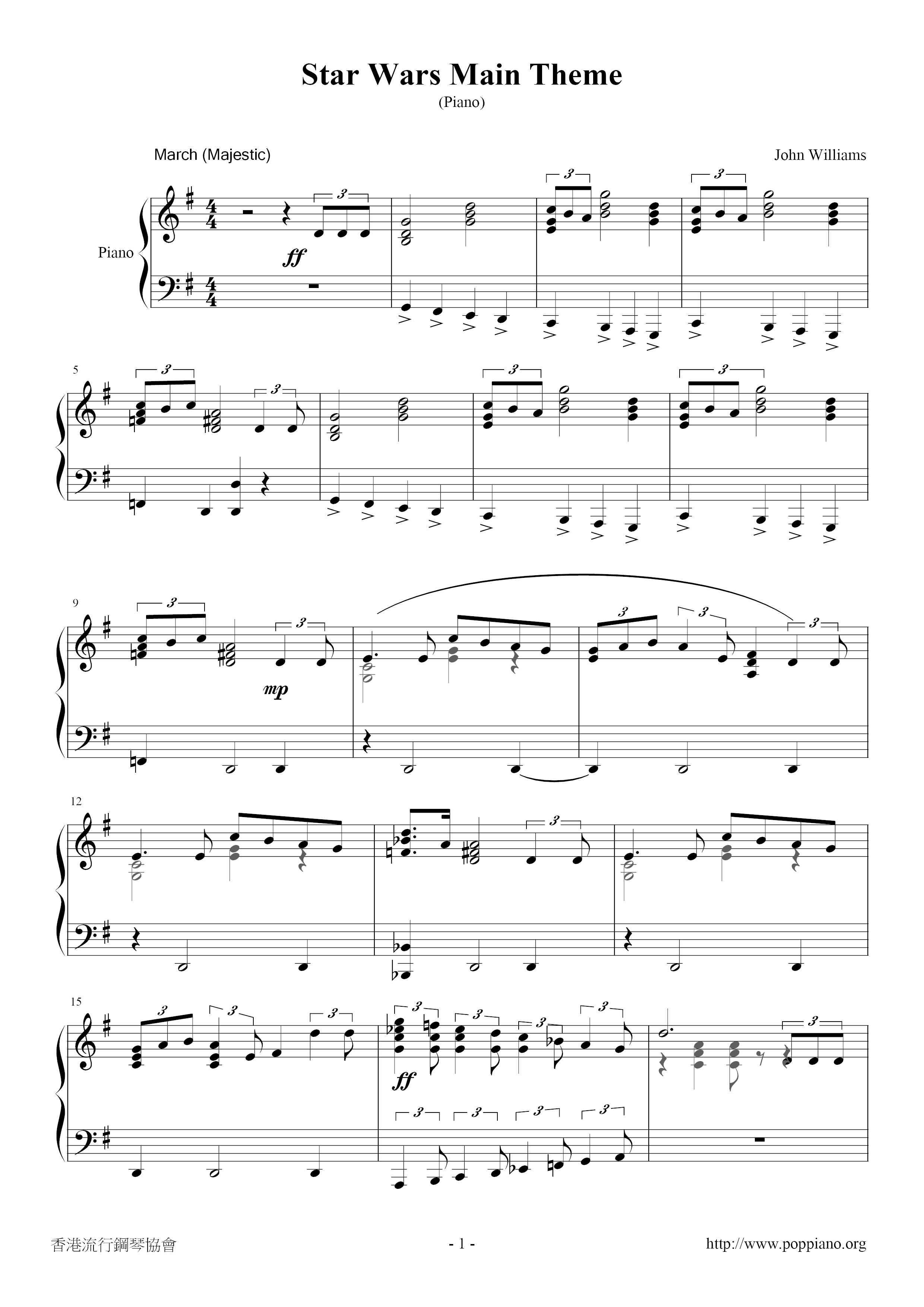 John Williams Star Wars Main Theme 琴谱 五线谱pdf 香港流行钢琴协会琴谱下载 ★