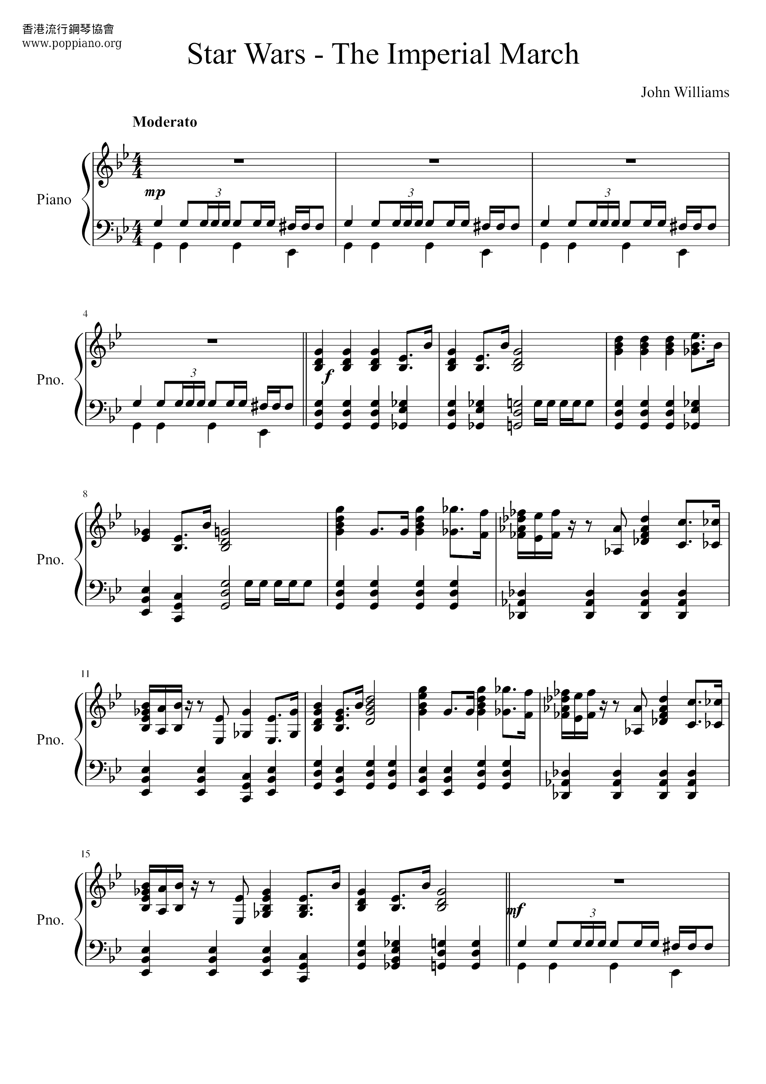 John Williams Star Wars The Imperial March 琴谱 五线谱pdf 香港流行钢琴协会琴谱下载 ★