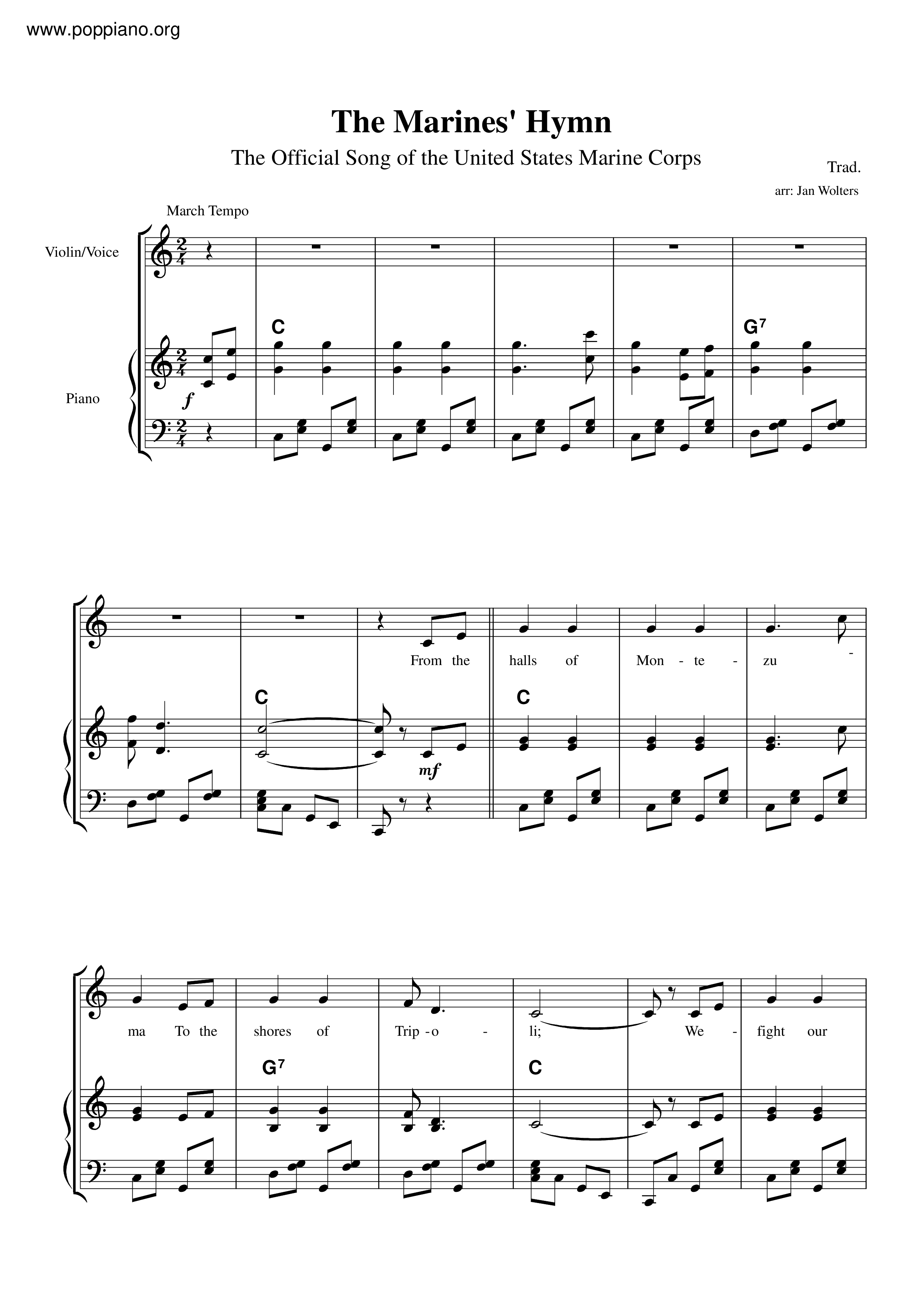 Traditional-The Marines' Hymn 美国海军军歌 琴谱/五线谱pdf-香港流行钢琴协会琴谱下载 ★
