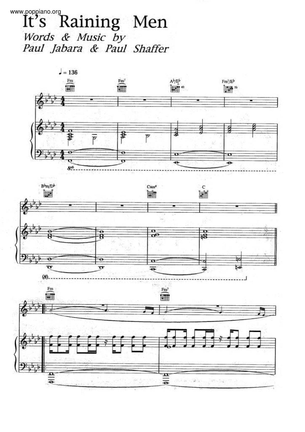 Geri Halliwell-It's Raining Men 琴谱/五线谱pdf-香港流行钢琴协会琴谱下载 ★