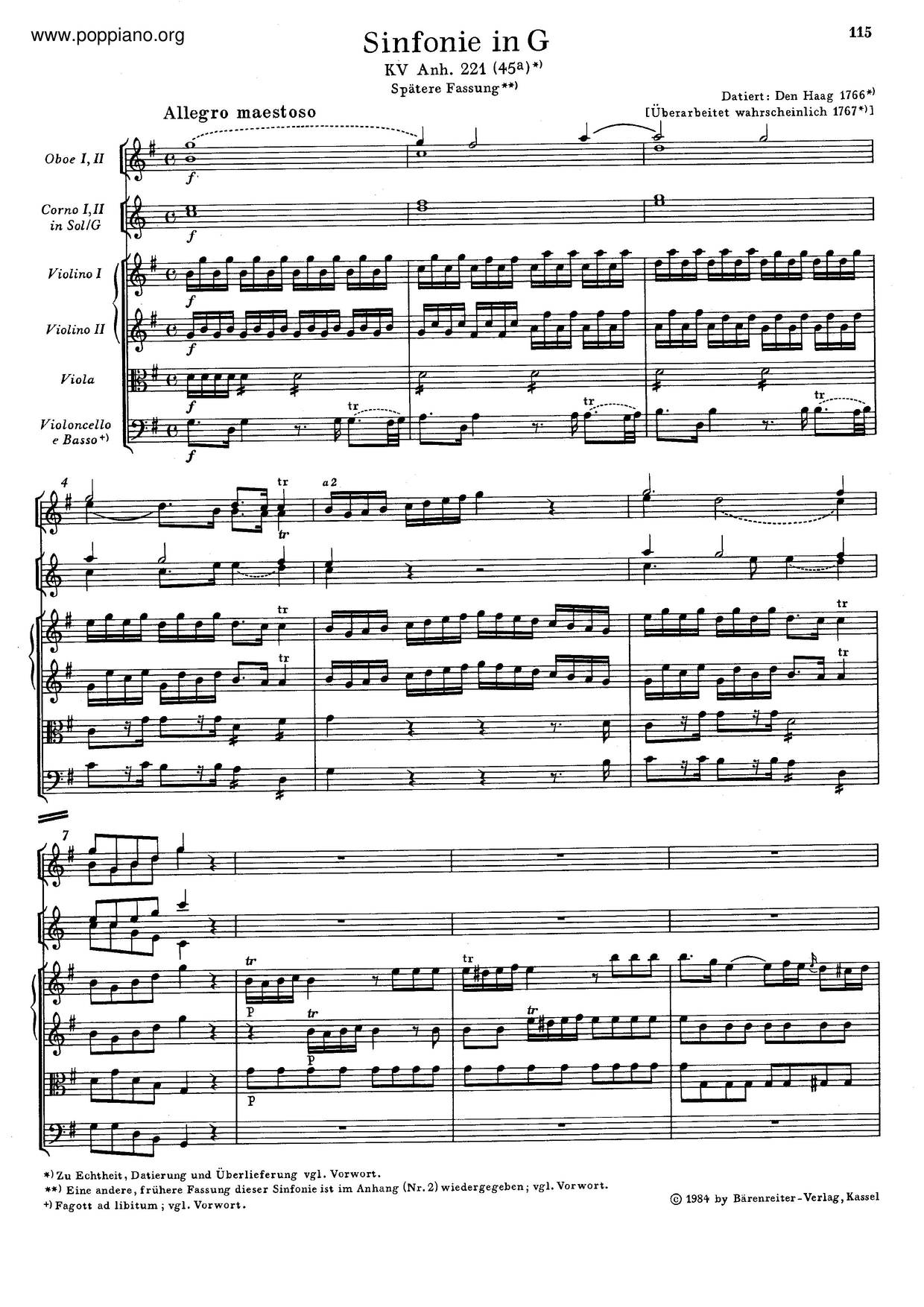Wolfgang Amadeus Mozart-Symphony In G Major, K. Anh. 221/45A 琴谱/五线谱pdf ...