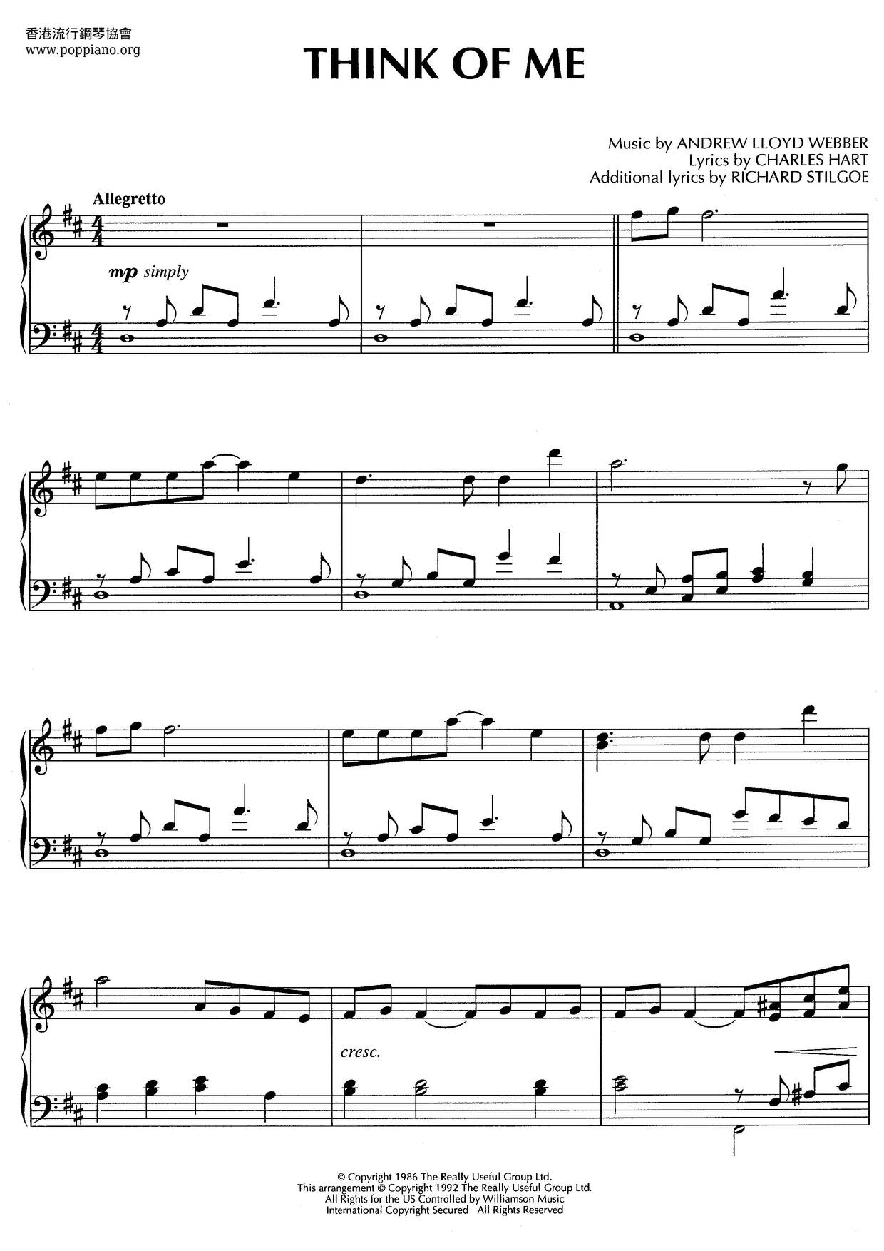 Andrew Lloyd Webber The Phantom Of The Opera Think Of Me 琴谱 五线谱pdf 香港