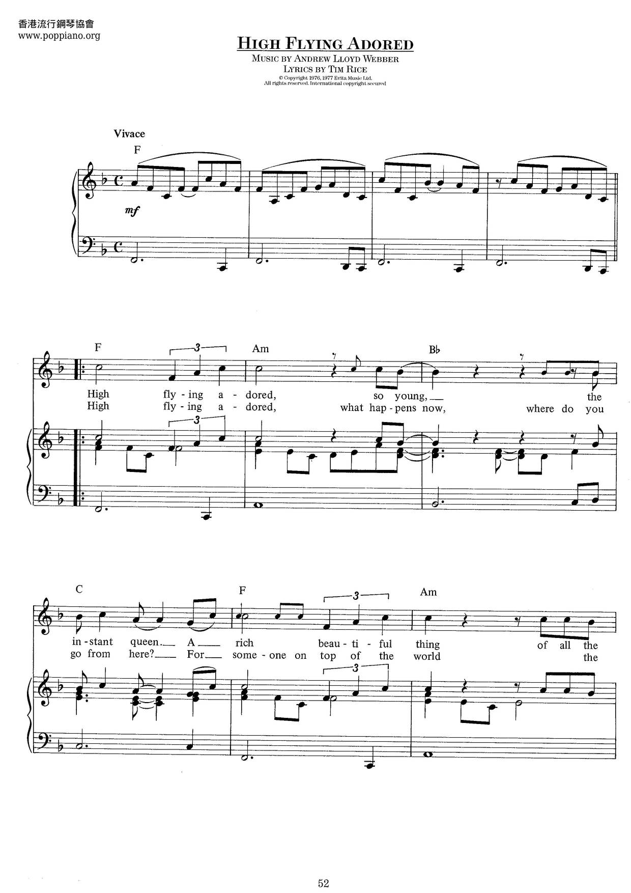 Andrew Lloyd Webber High Flying Adored 琴谱 五线谱pdf 香港流行钢琴协会琴谱下载 ★