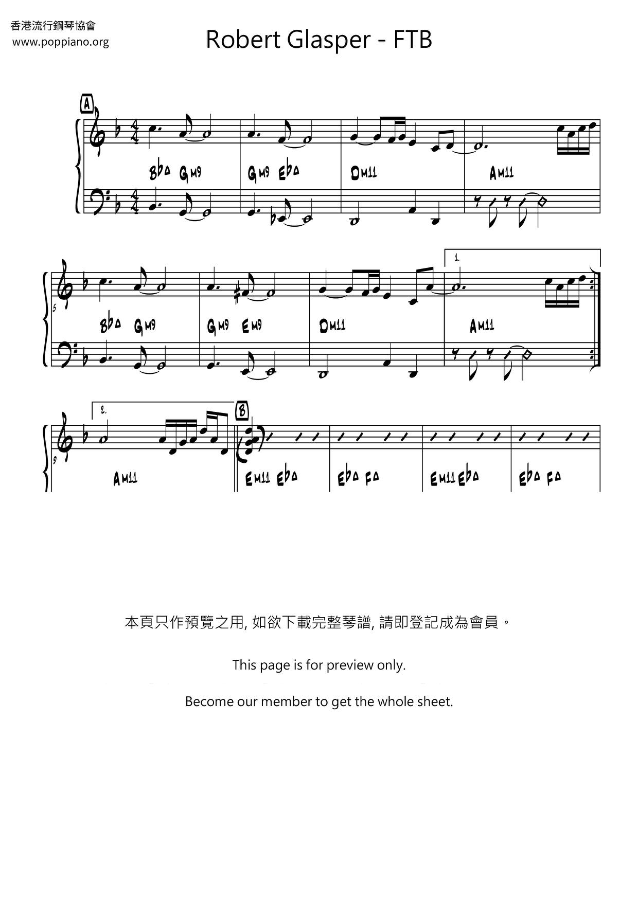 Robert Glasper-Gonna Be Alright (F.T.B.) 琴谱/五线谱pdf-香港流行钢琴协会琴谱下载 ★