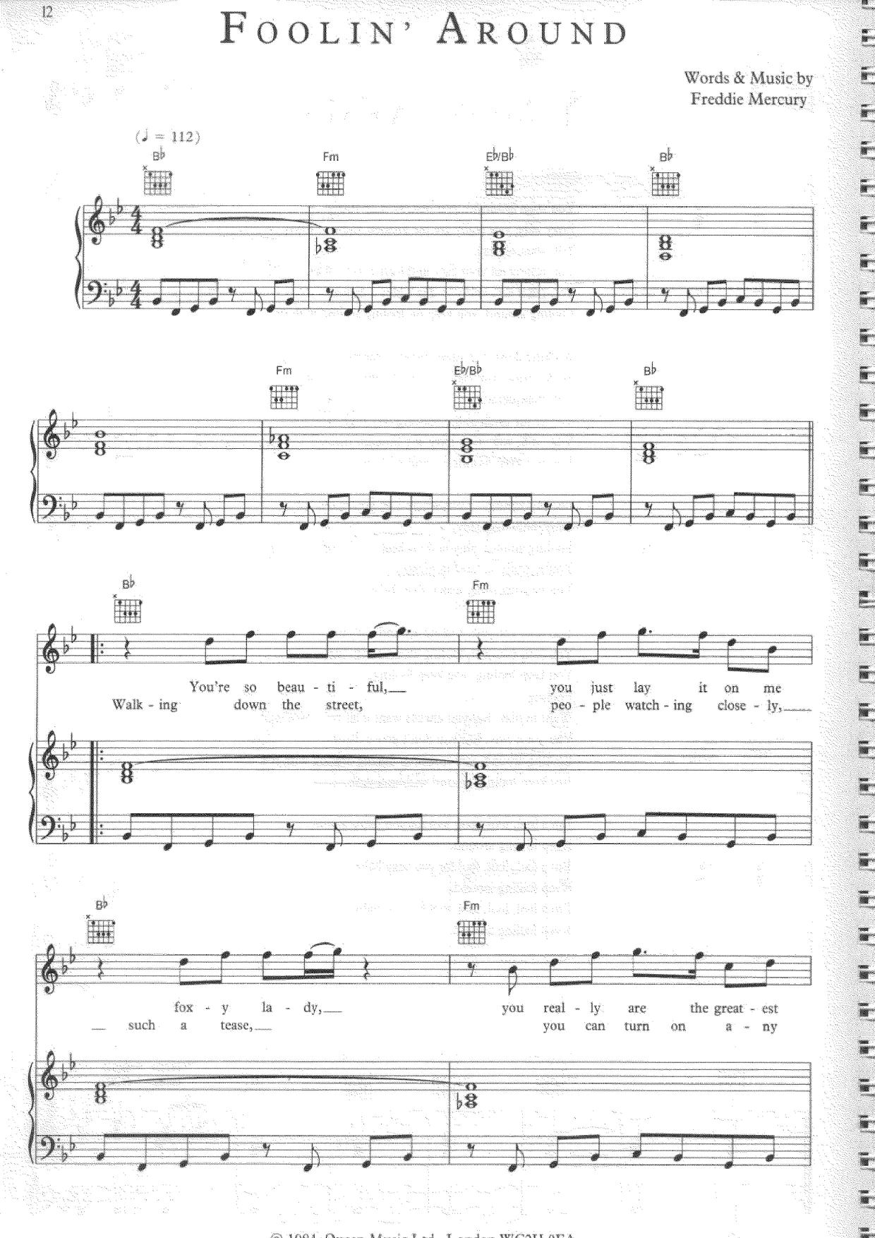 Freddie Mercury-Foolin' Around 琴谱/五线谱pdf-香港流行钢琴协会琴谱下载 ★