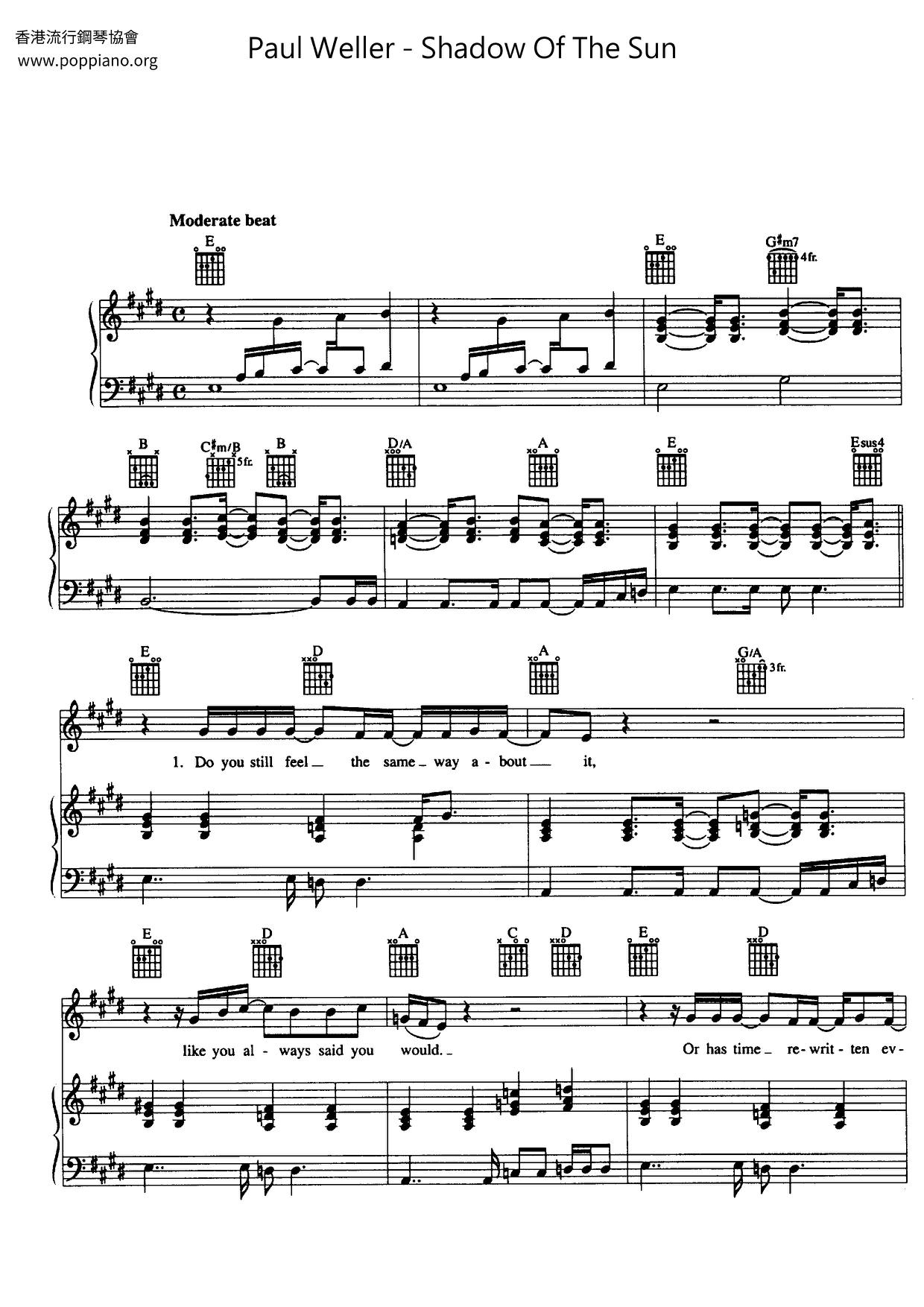 Paul Weller-Shadow Of The Sun 琴谱/五线谱pdf-香港流行钢琴协会琴谱下载 ★