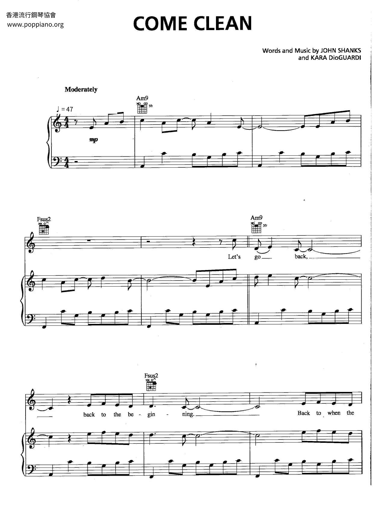 Hilary Duff-Come Clean 琴谱/五线谱pdf-香港流行钢琴协会琴谱下载 ★