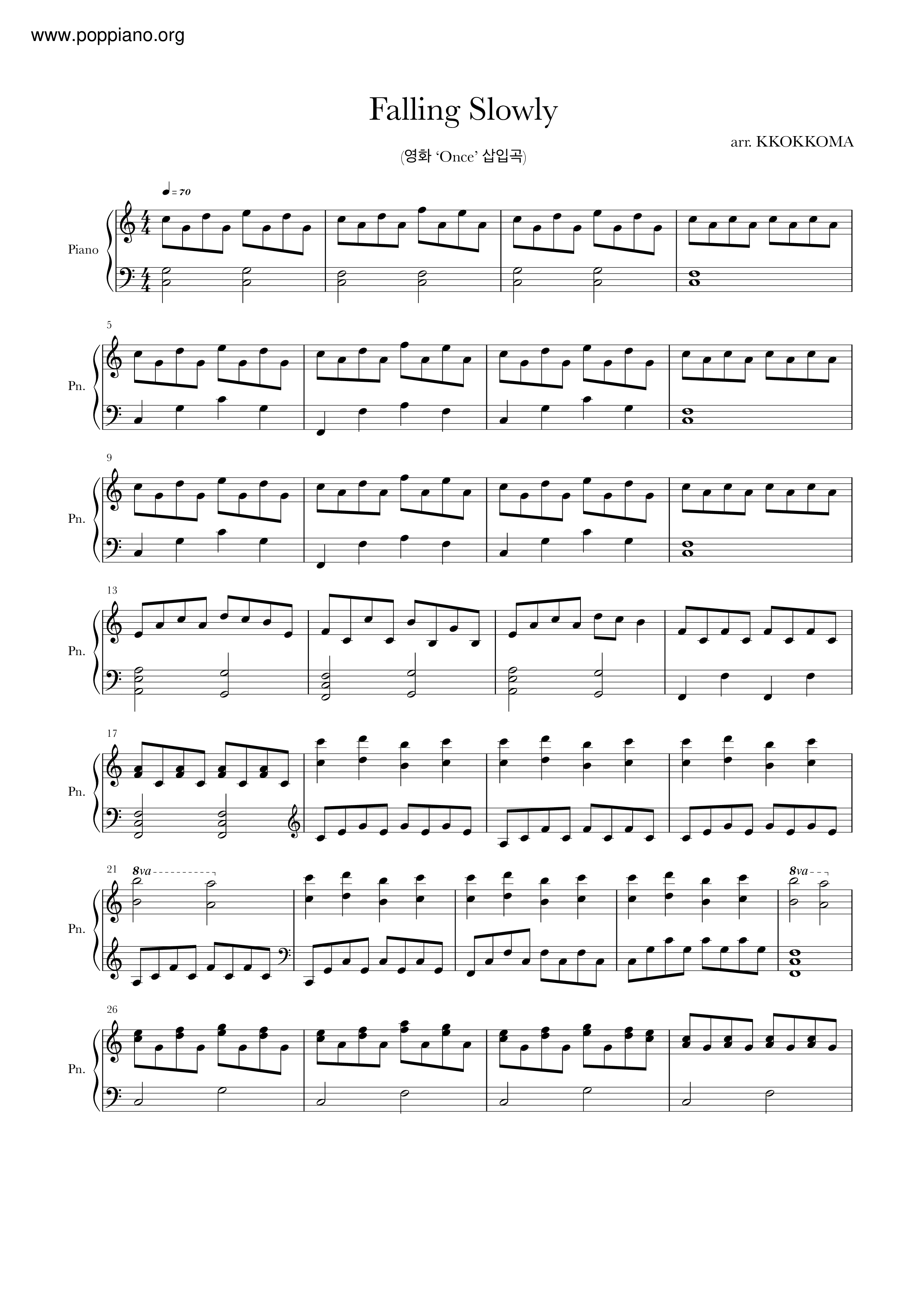 Glen Hansard, Marketa Irglova-Falling Slowly 琴谱/五线谱pdf-香港流行钢琴协会琴谱下载 ★