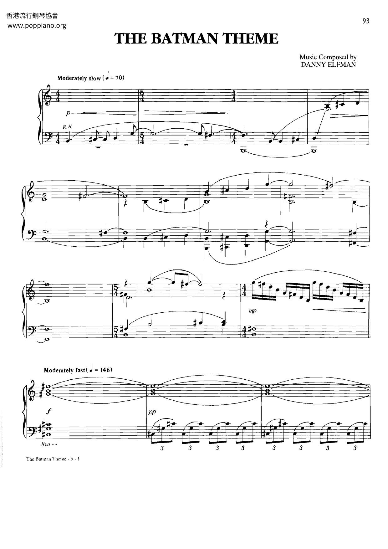 Danny Elfman-The Batman Theme 琴谱/五线谱pdf-香港流行钢琴协会琴谱下载 ★