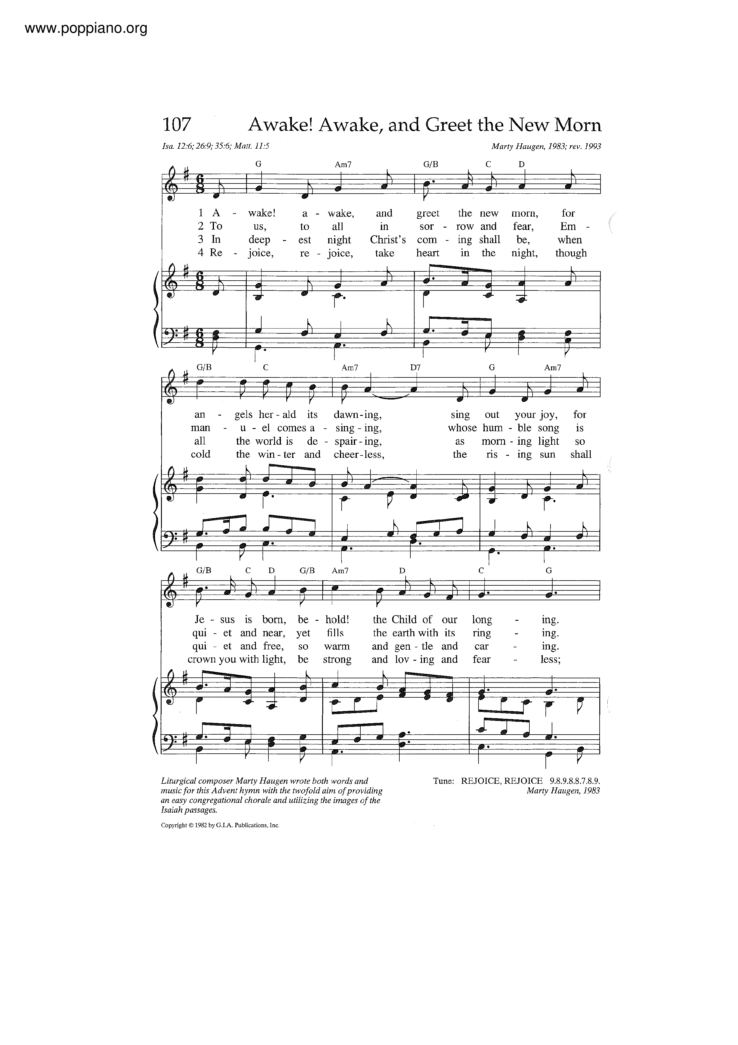 ★ 赞美诗-Awake Awake And Greet The New Morn 琴谱/五线谱pdf-香港流行钢琴协会琴谱下载 ★