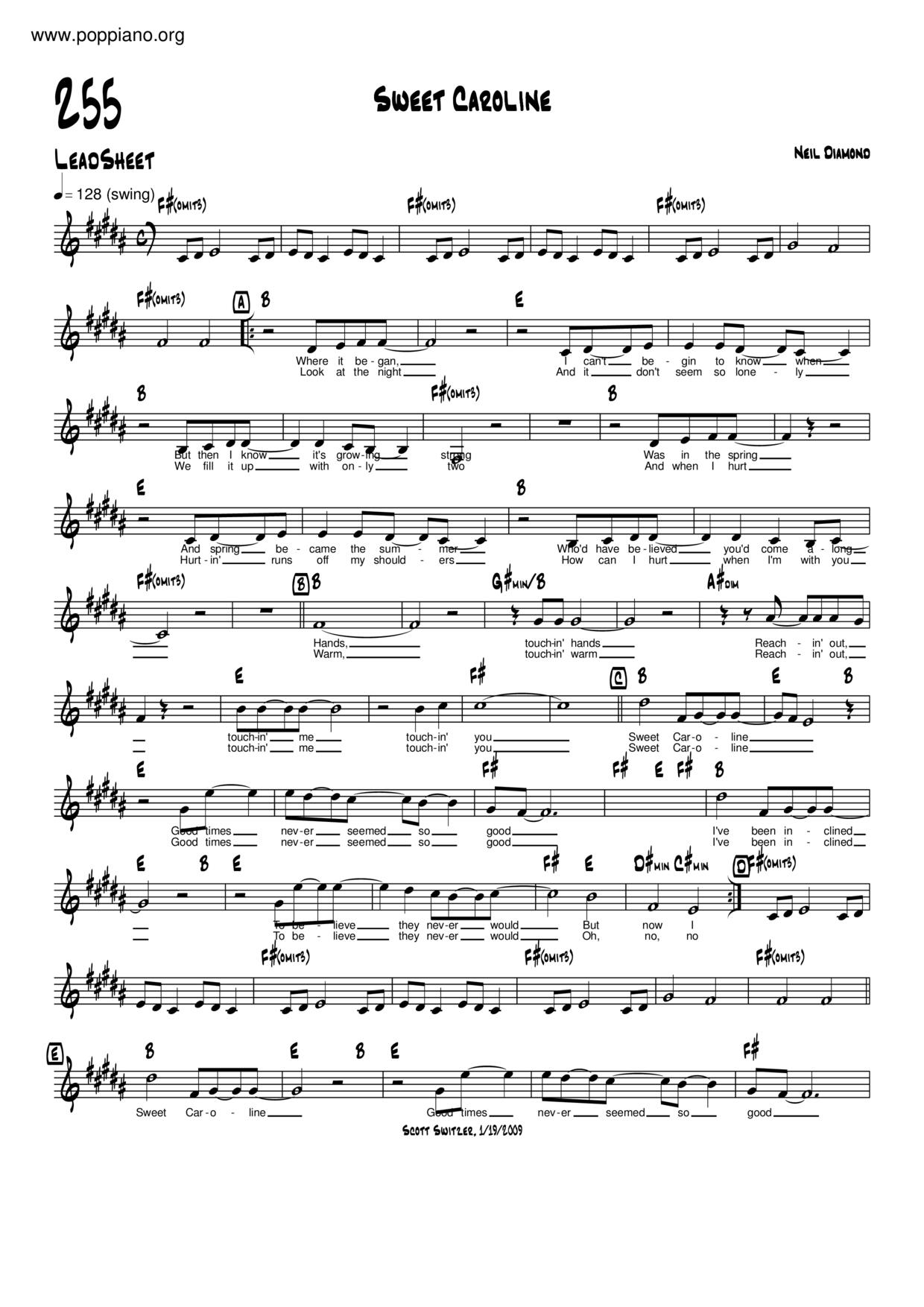 Neil Diamond-Sweet Caroline 琴谱/五线谱pdf-香港流行钢琴协会琴谱下载 ★