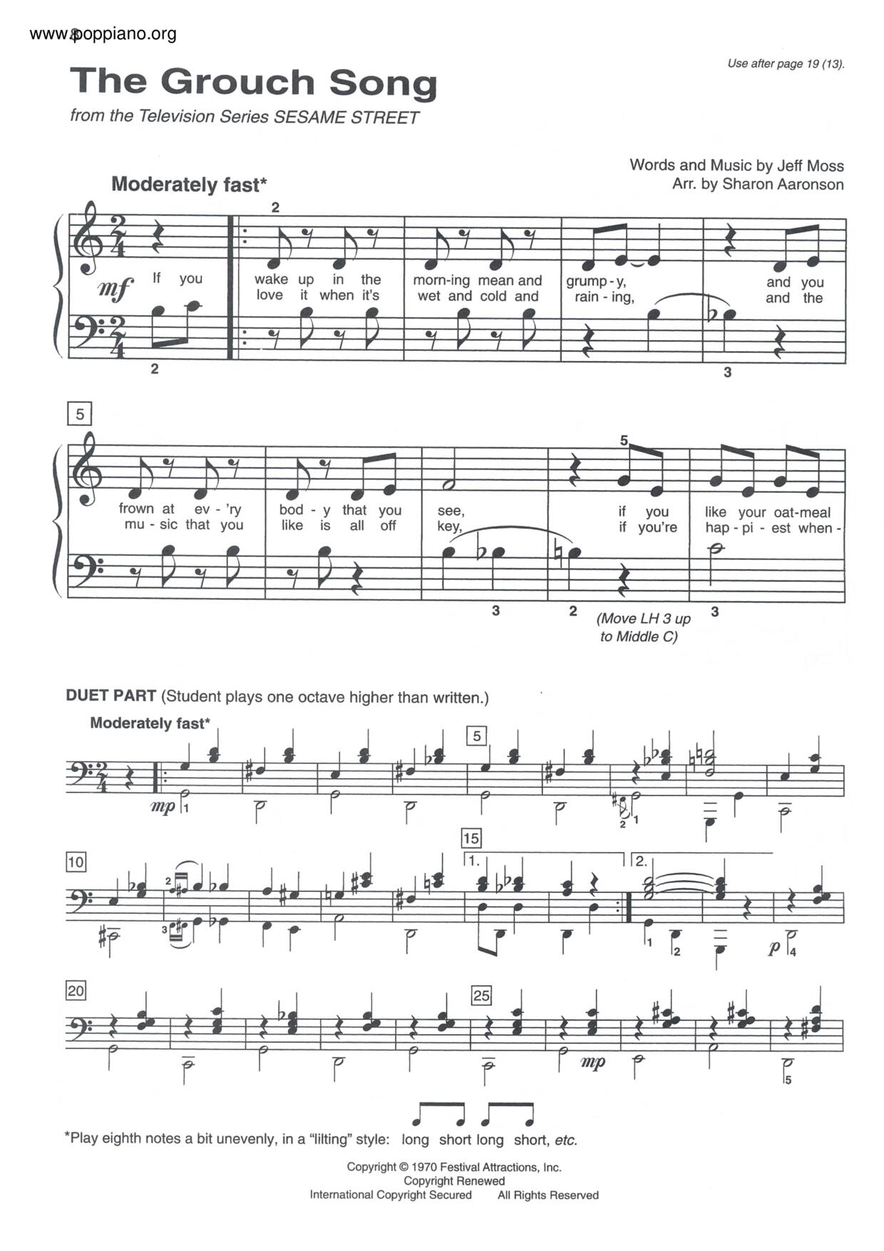 Jeff Moss-The Grouch Song 琴谱/五线谱pdf-香港流行钢琴协会琴谱下载 ★