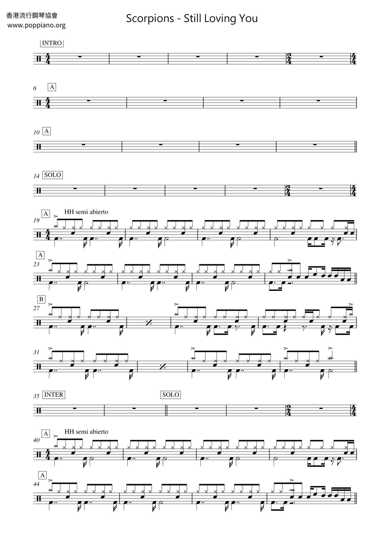 Scorpions-Still Loving You 鼓谱pdf-香港流行钢琴协会琴谱下载 ★