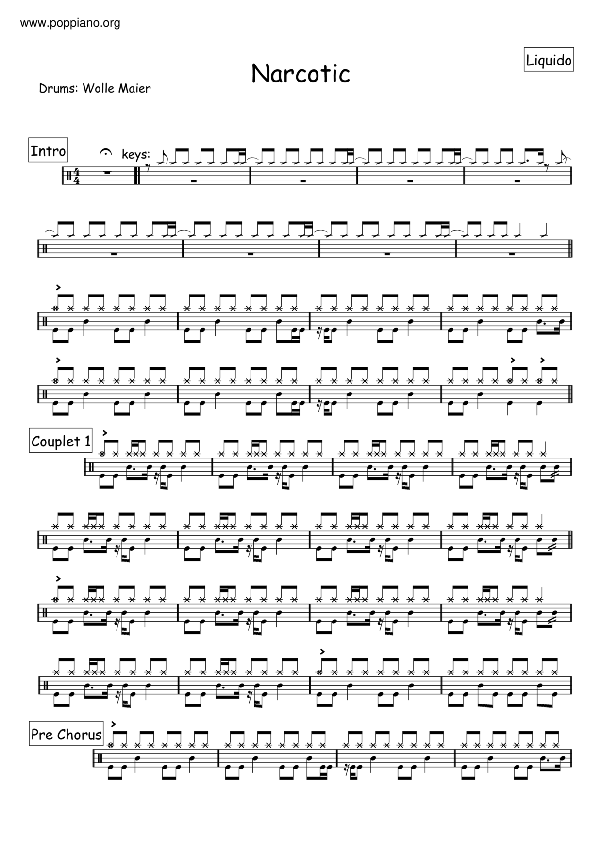 Liquido-Narcotic 鼓谱pdf-香港流行钢琴协会琴谱下载 ★