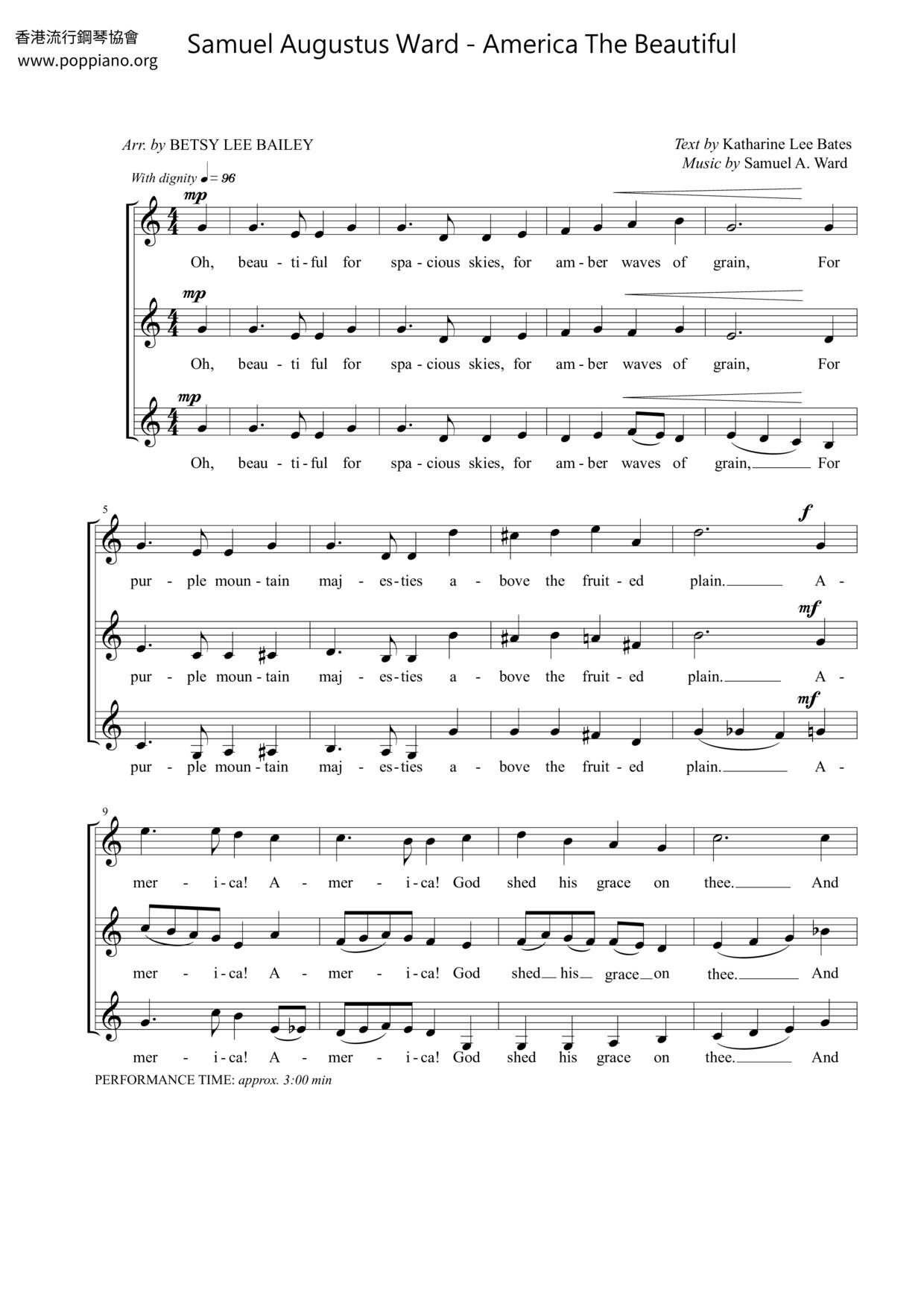 Samuel Augustus Ward-America The Beautiful 琴谱/五线谱pdf-香港流行钢琴协会琴谱下载 ★