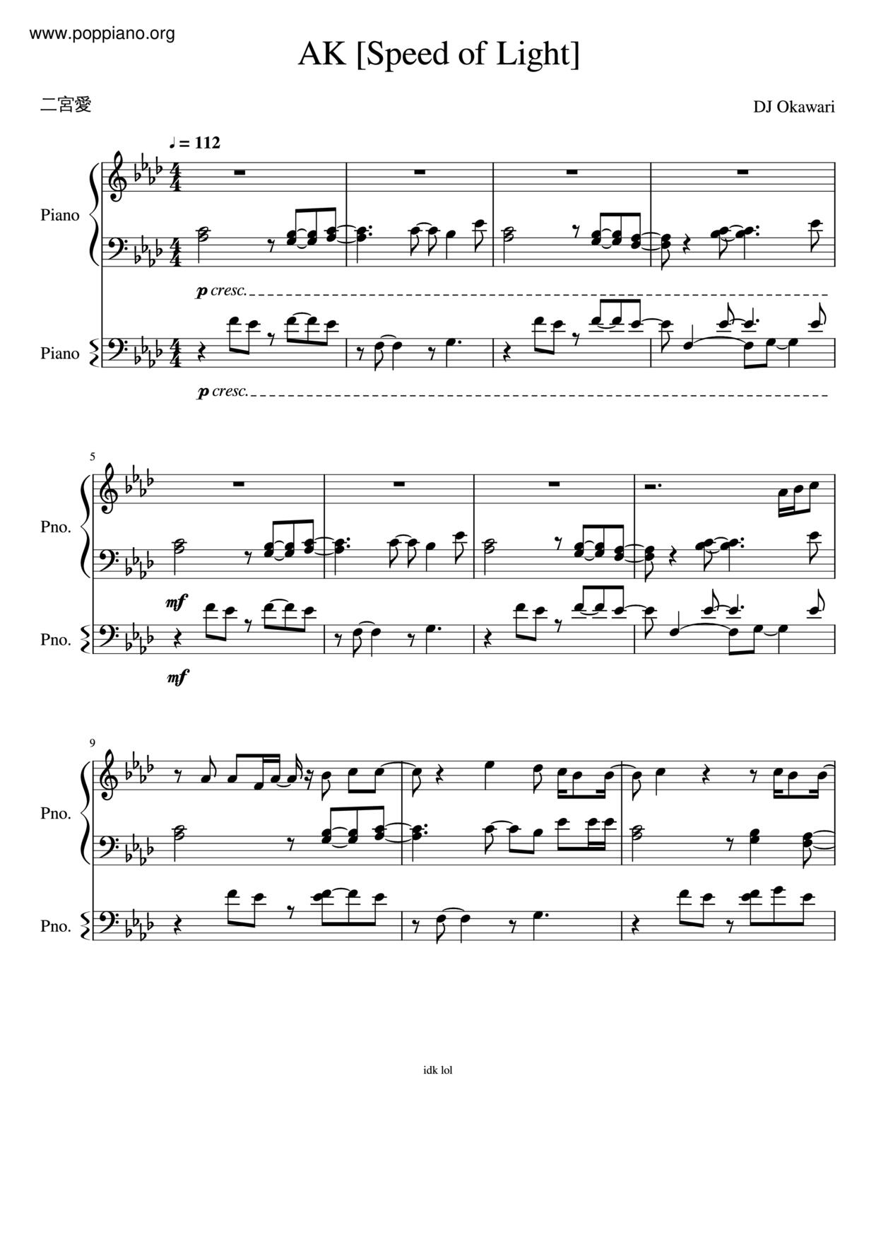 DJ Okawari-Arknights - Speed Of Light 琴谱/五线谱pdf (DJ Okawari)-香港流行钢琴协会琴谱下载 ★