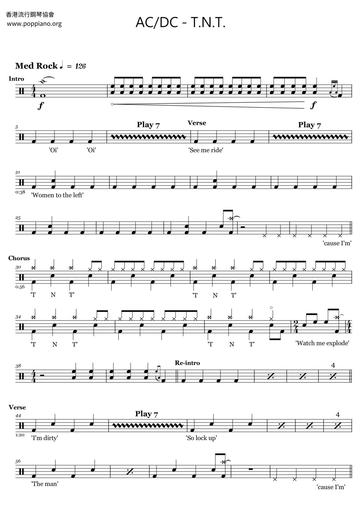 AC/DC-T.N.T. 鼓谱pdf-香港流行钢琴协会琴谱下载 ★