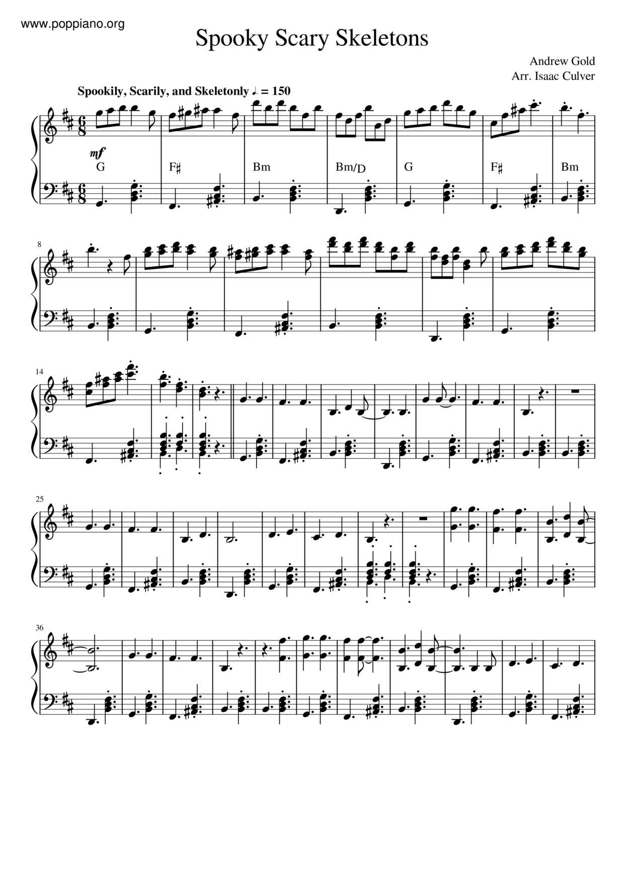 Andrew Gold-Spooky, Scary Skeletons 琴谱/五线谱pdf-香港流行钢琴协会琴谱下载 ★