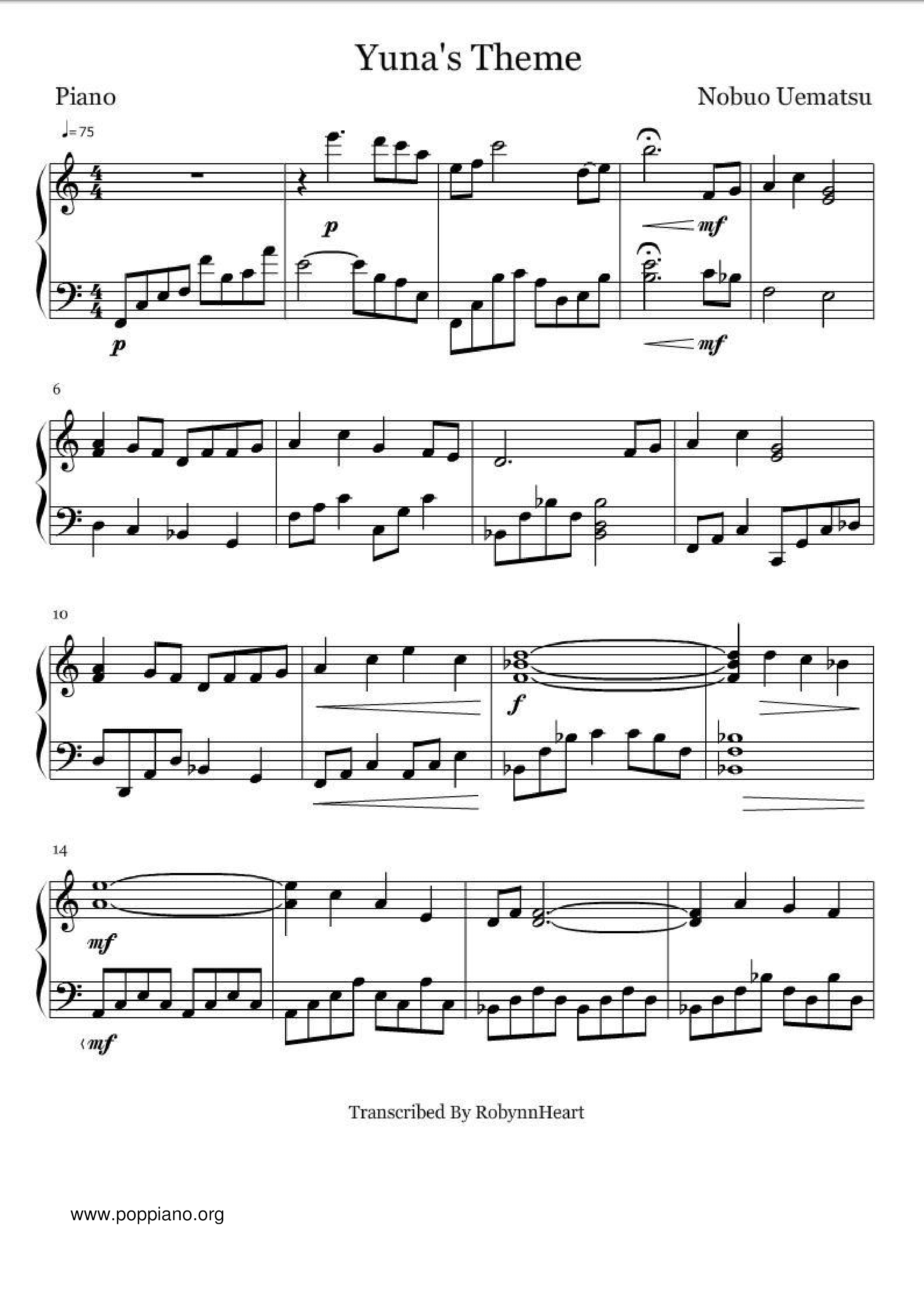 Final Fantasy X-Yuna's Theme Sheet Music pdf, - Free Score Download ★