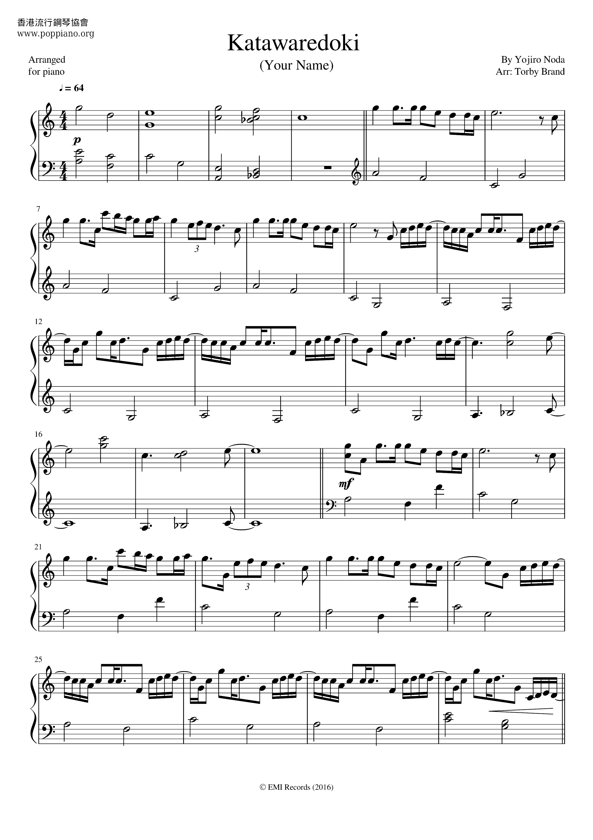 RADWIMPS-Your Name - Kataware Doki Sheet Music pdf, -君の名は。 - Kataware Doki 楽譜 (ラッドウインプス) - Free ...