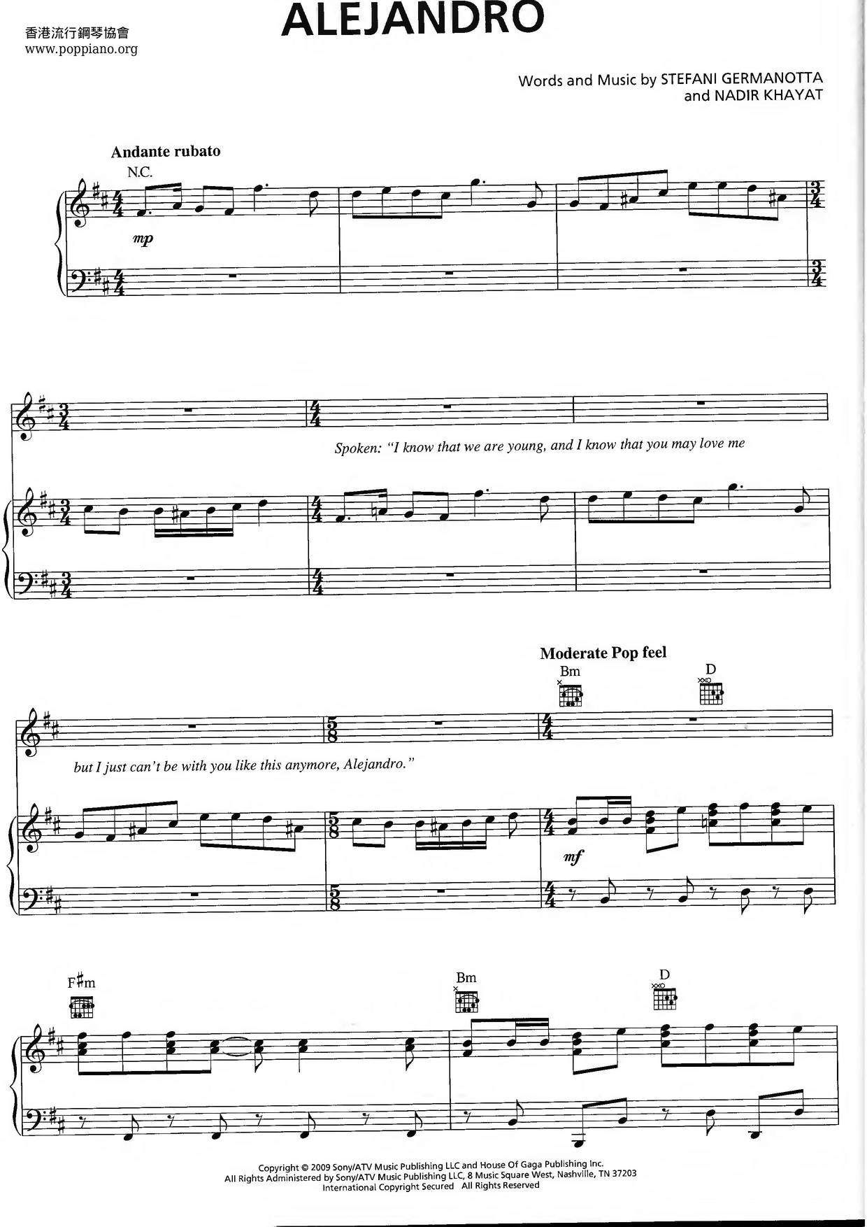 Lady Gaga-Alejandro Sheet Music pdf, (レディー・ガガ) - Free Score Download ★
