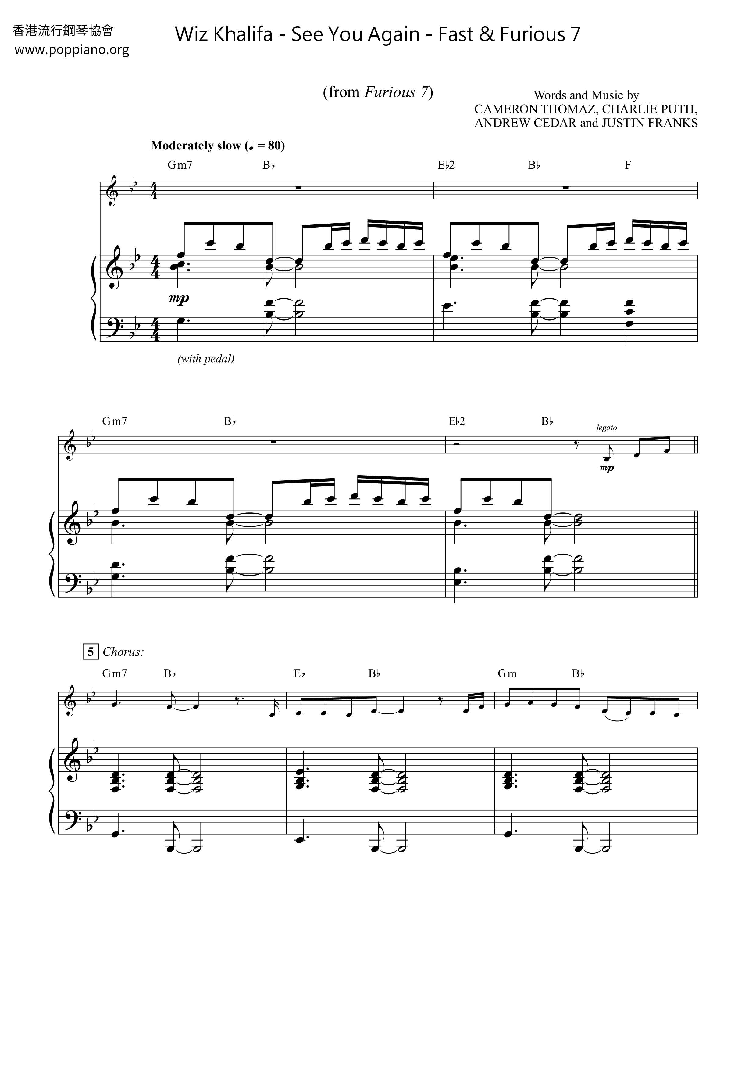 Wiz Khalifa, Charlie Puth-See You Again-Fast & Furious 7 Sheet Music pdf, - Free Score Download ★
