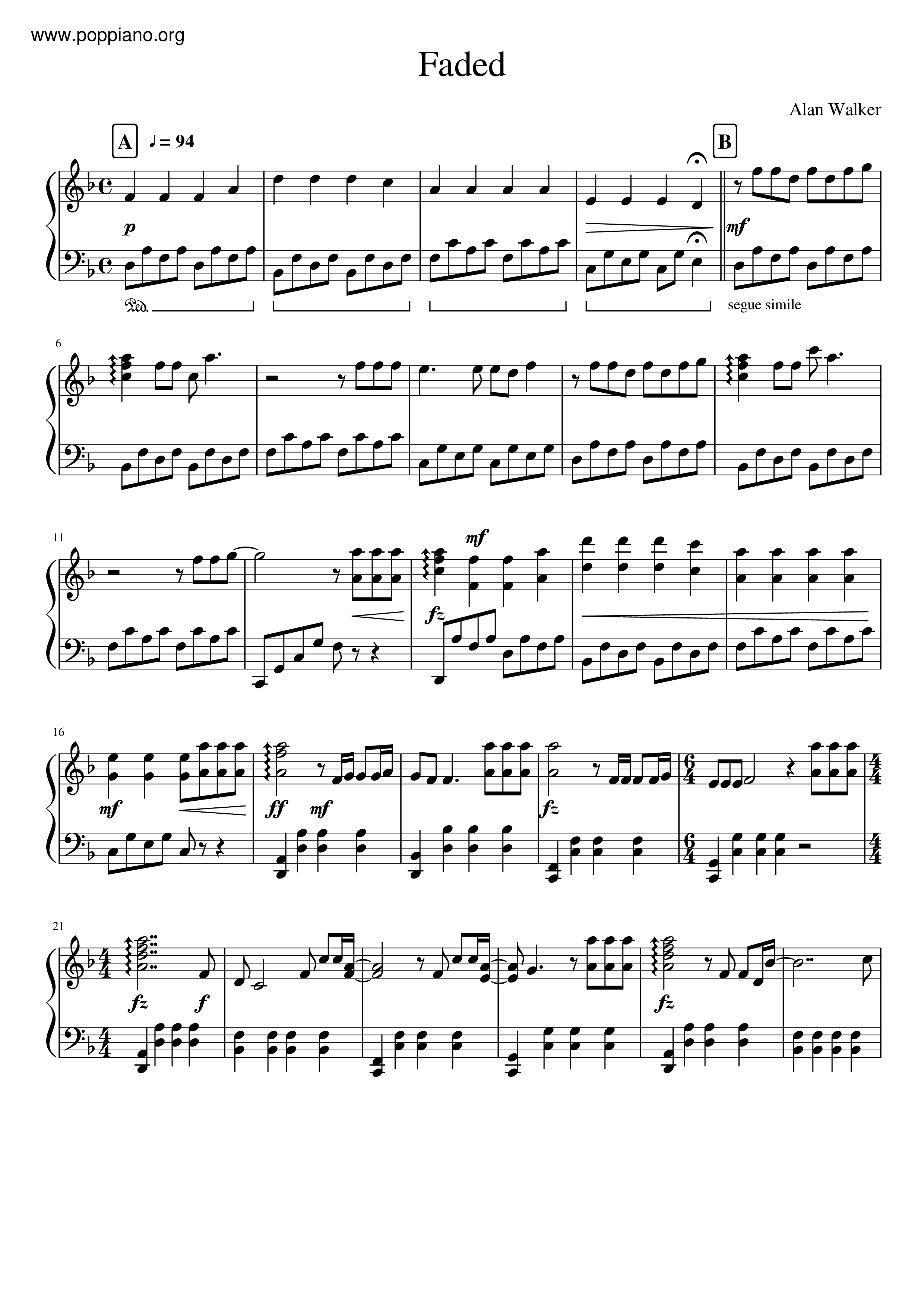 Alan Walker-Faded Sheet Music pdf, (アラン・ウォーカー) - Free Score Download ★