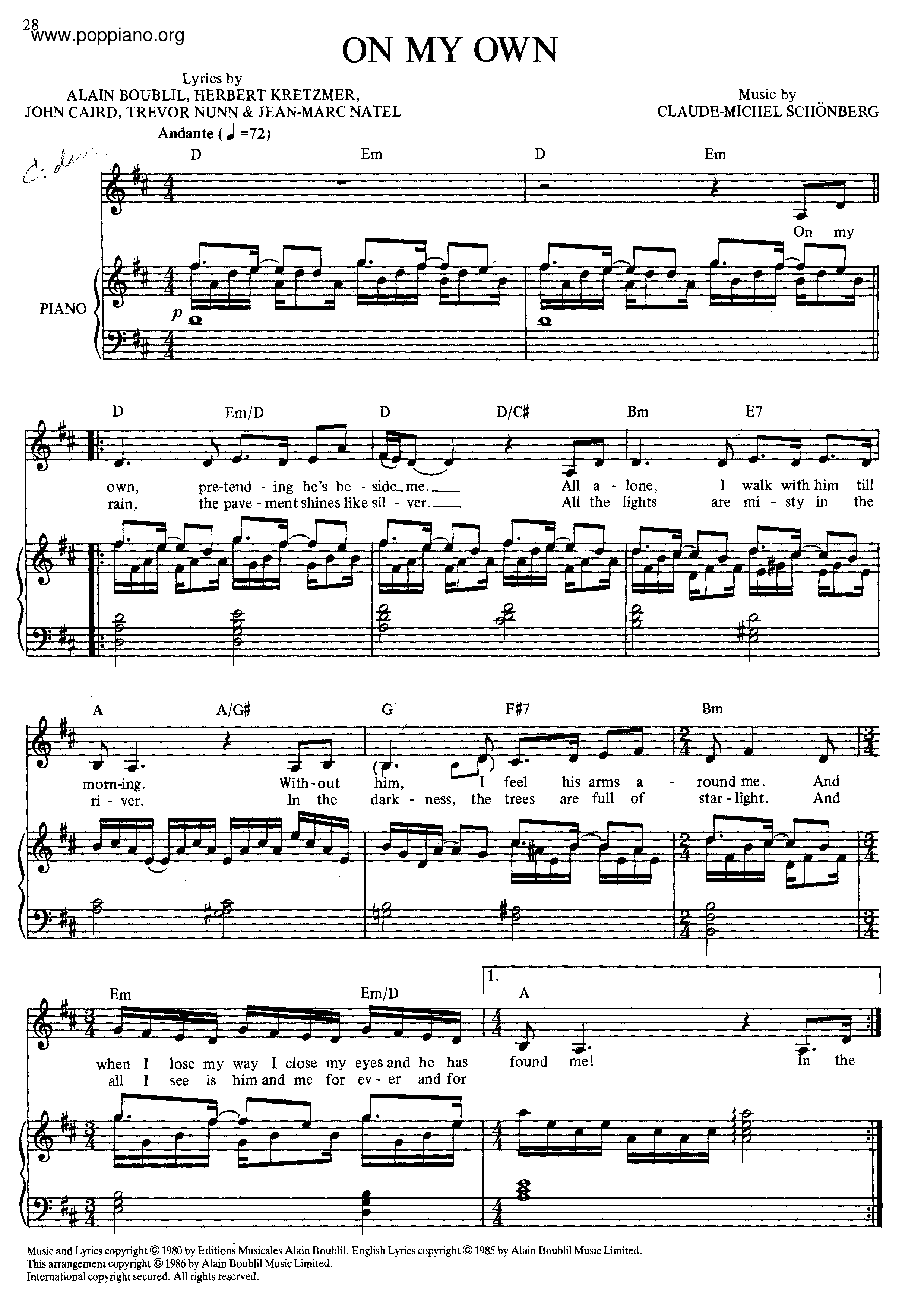 Les Miserables-On My Own Sheet Music pdf, (レ・ミゼラブル) - Free Score Download ★