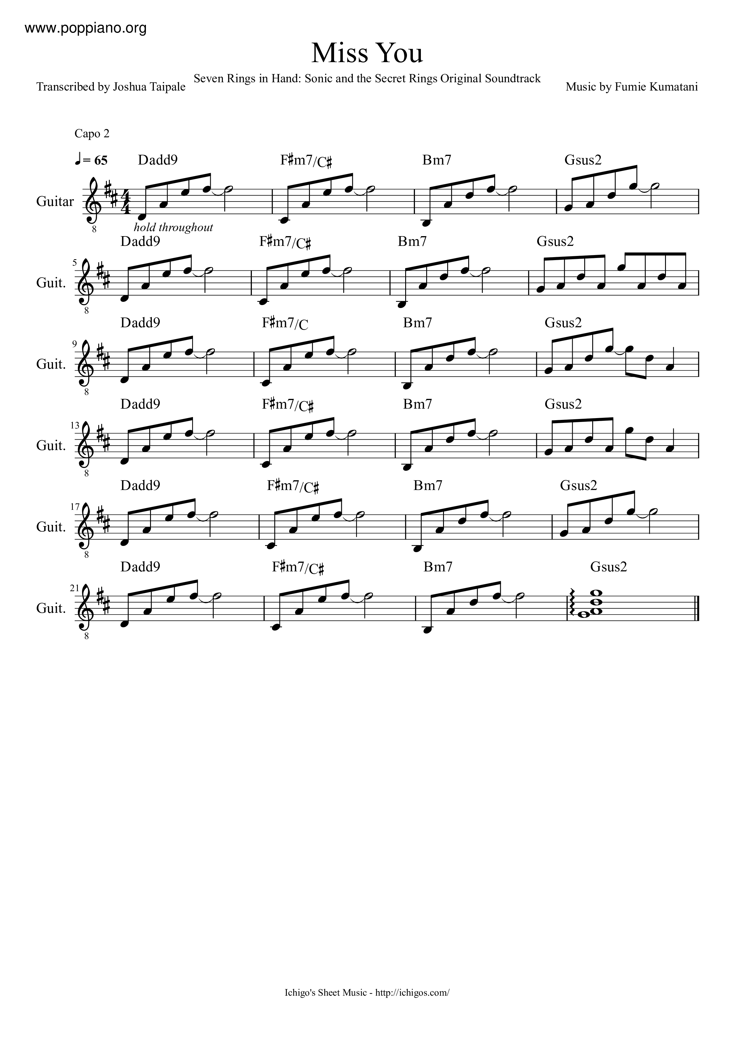 Sonic And The Secret Rings-Miss You Sheet Music pdf, - Free Score Download ★