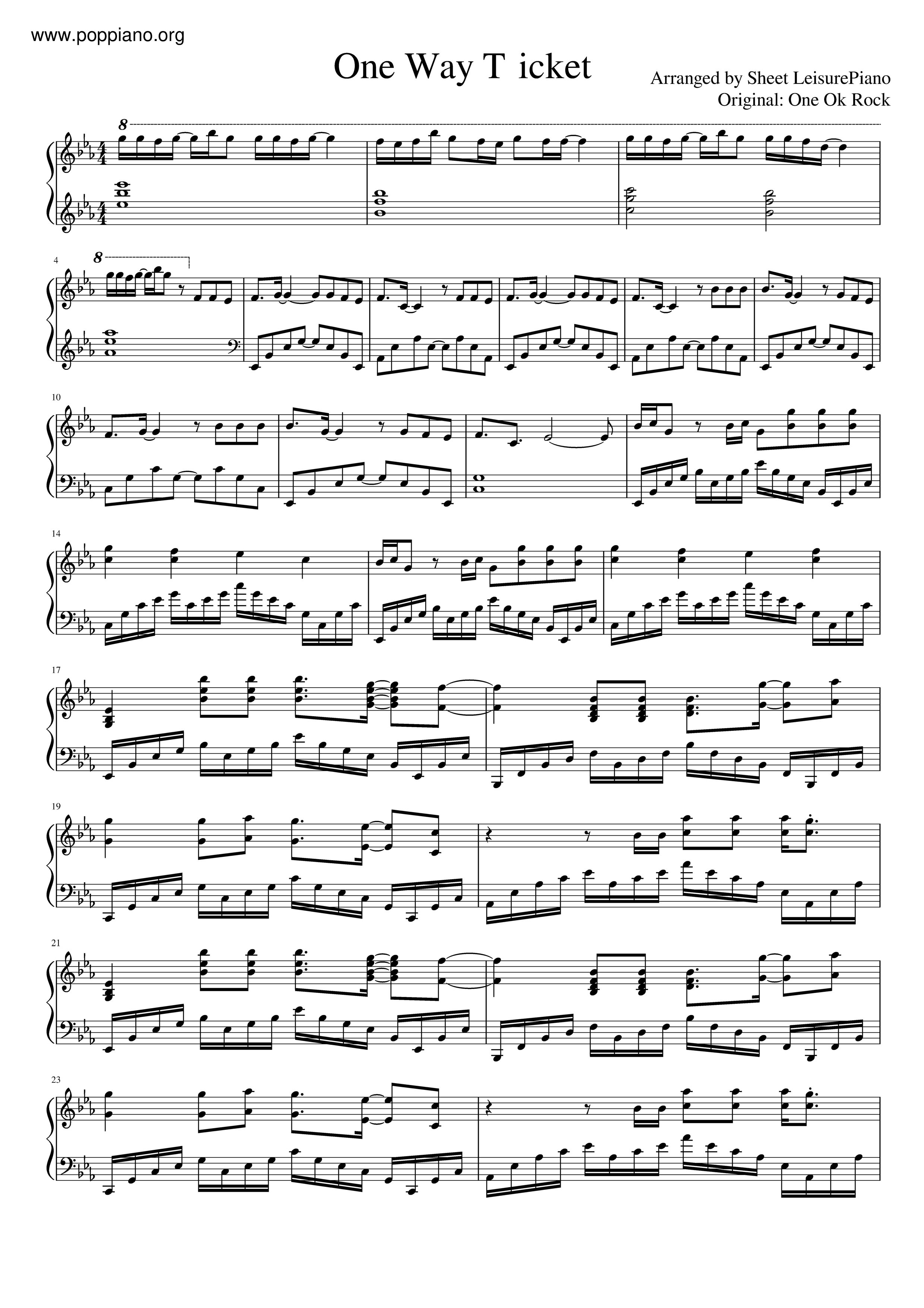 ONE OK ROCK-One Way Ticket Sheet Music pdf, (ワンオクロック) - Free Score ...