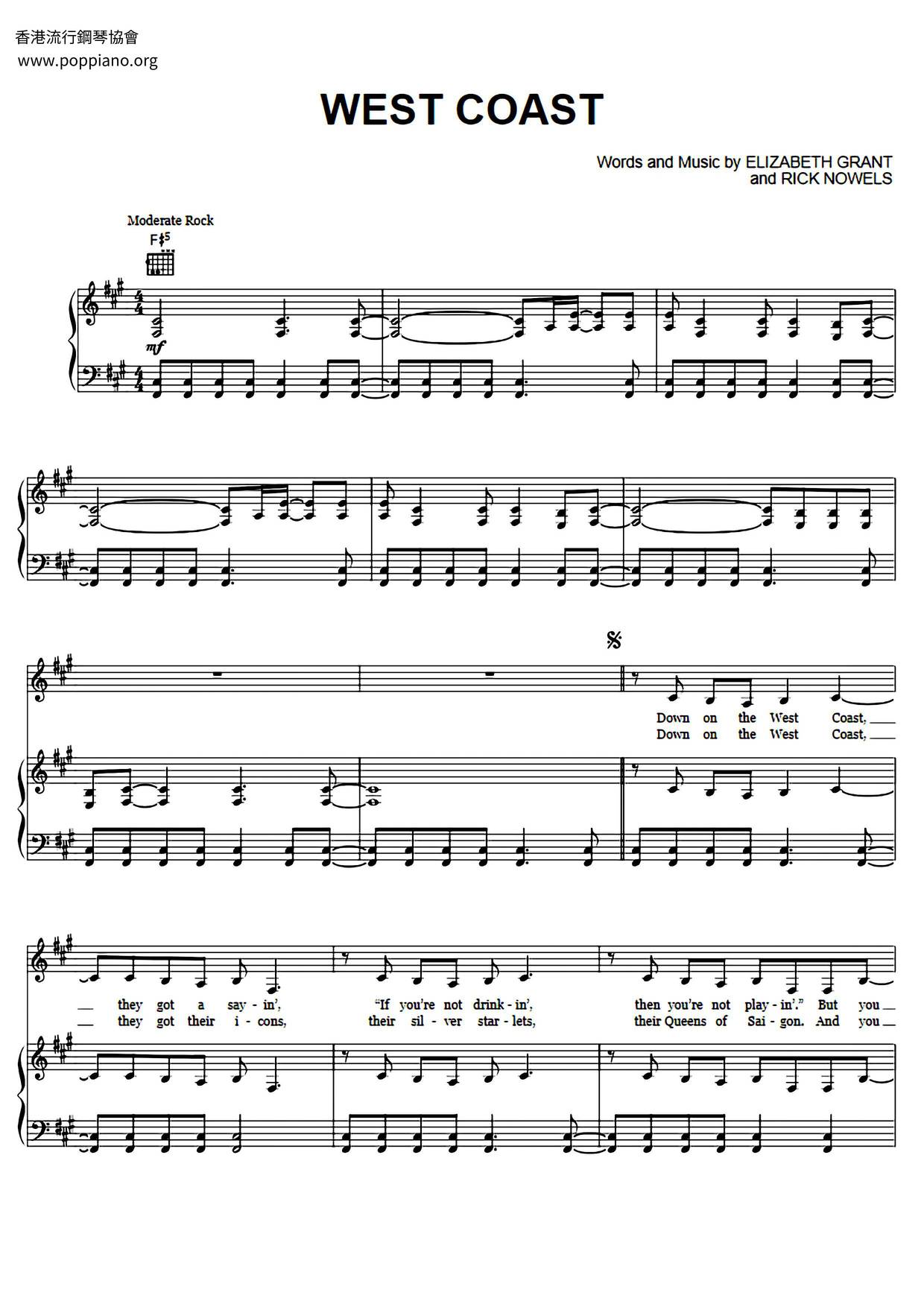 Lana Del Rey-West Coast Sheet Music pdf, - Free Score Download ★