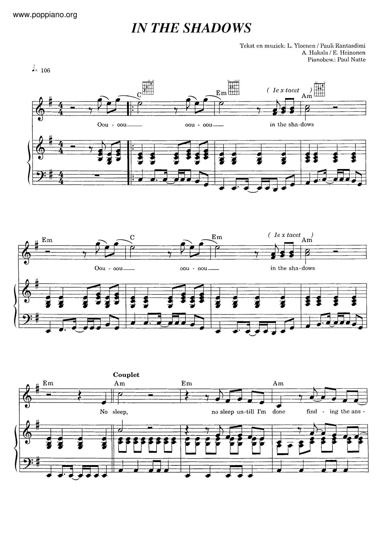 The Rasmus-In The Shadows Sheet Music pdf, - Free Score Download ★