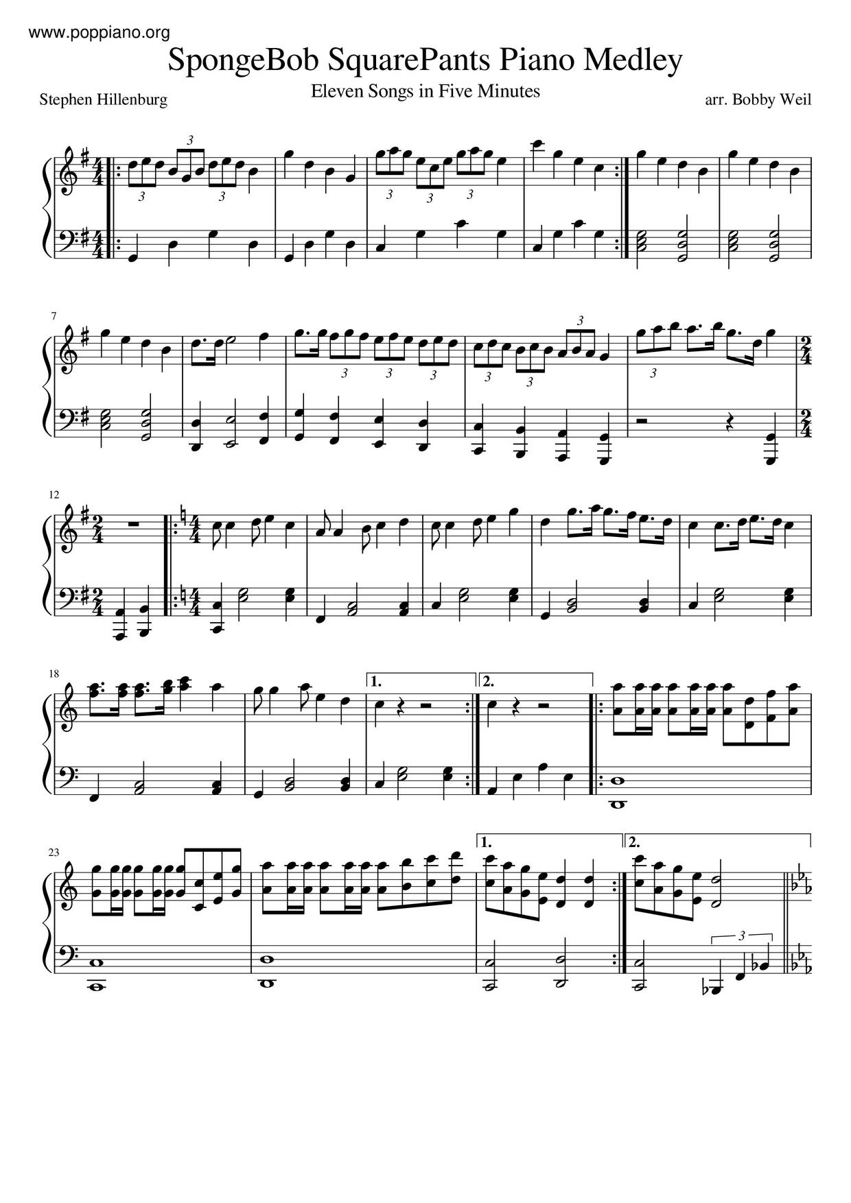 Stephen Hillenburg-Spongebob Squarepants Piano Medley Sheet Music pdf ...