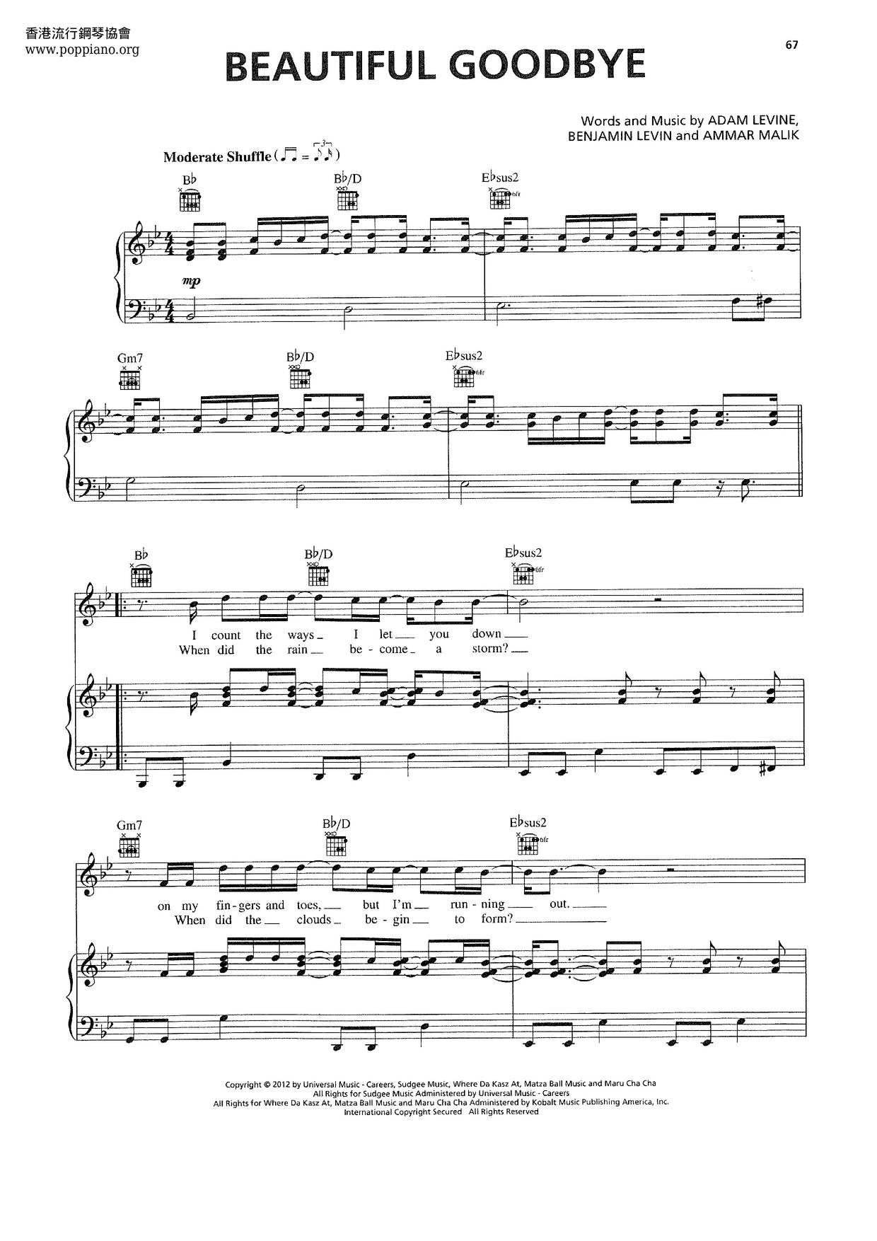 Maroon 5-Beautiful Goodbye Sheet Music pdf, - Free Score Download ★