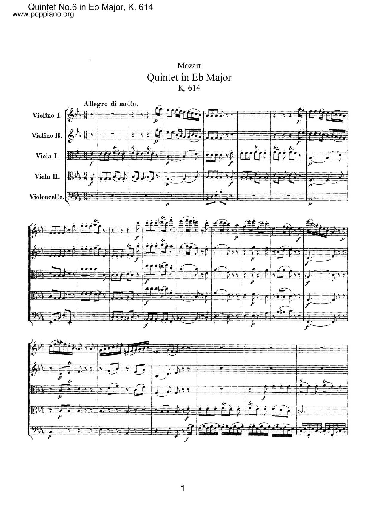 Mozart-String Quintet No. 6 In E Flat Major, K. 614 Sheet Music pdf, - Free Score Download ★