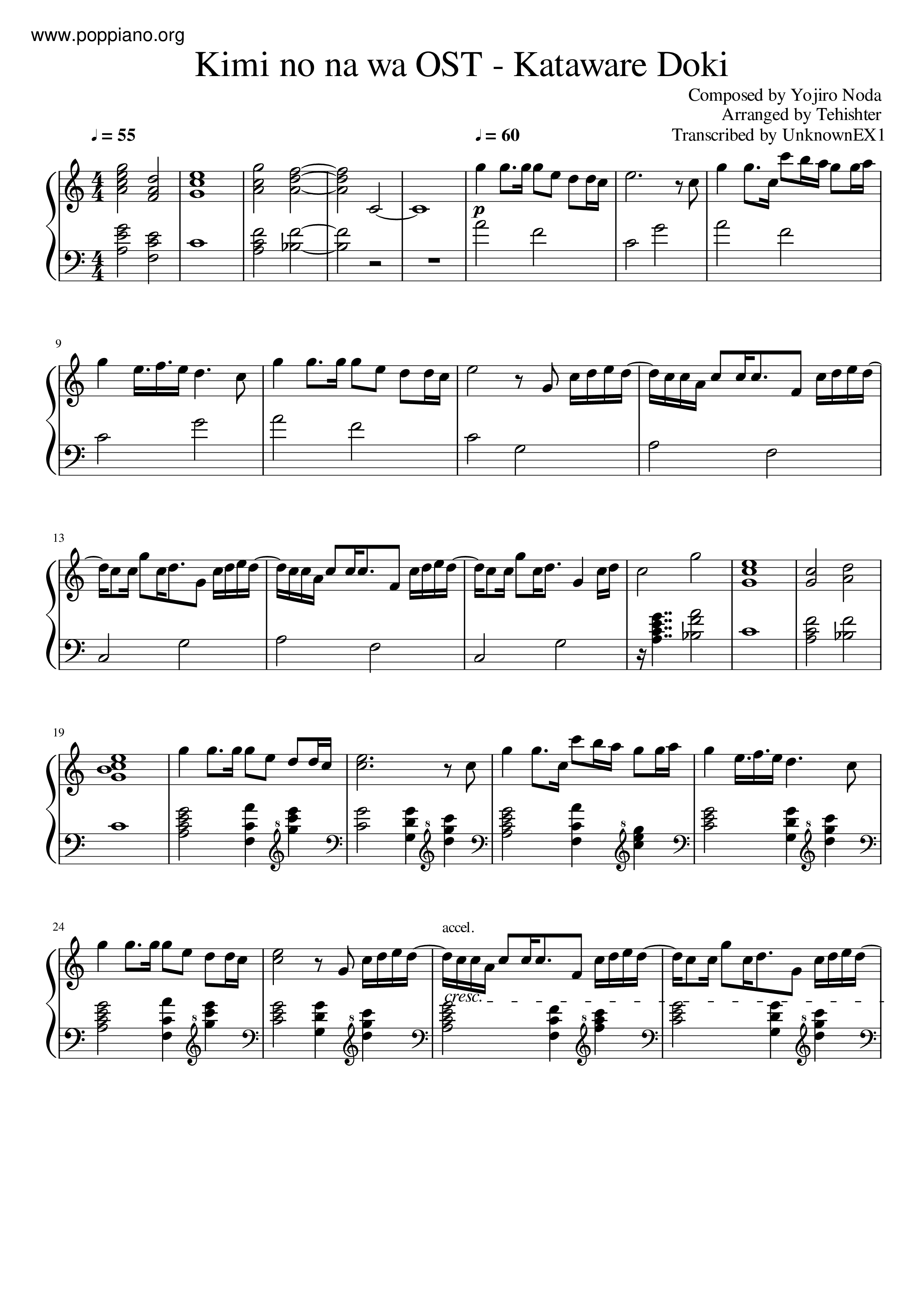 RADWIMPS-Your Name - Kataware Doki Sheet Music pdf, -君の名は。 - Kataware Doki 楽譜 (ラッドウインプス) - Free ...