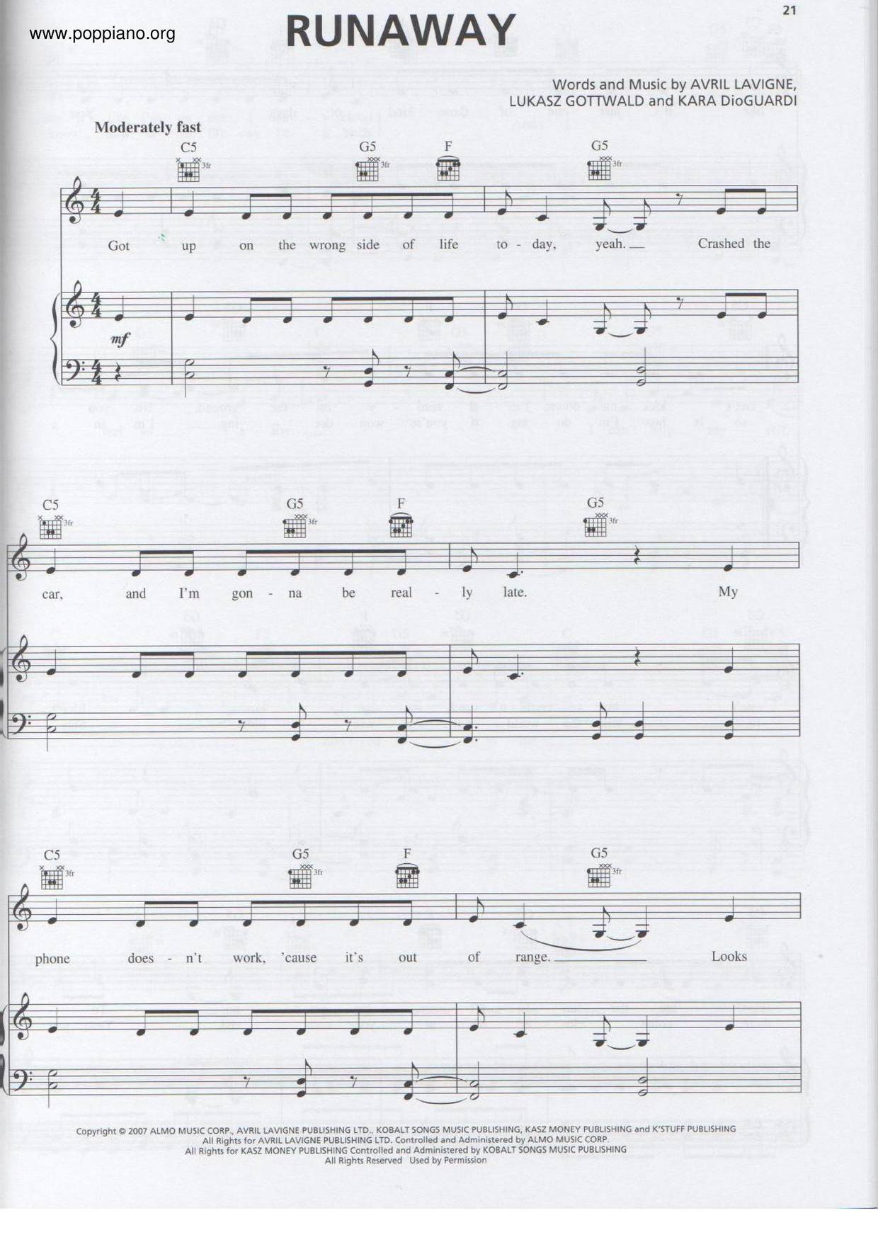 Avril Lavigne-Runaway Sheet Music pdf, - Free Score Download ★