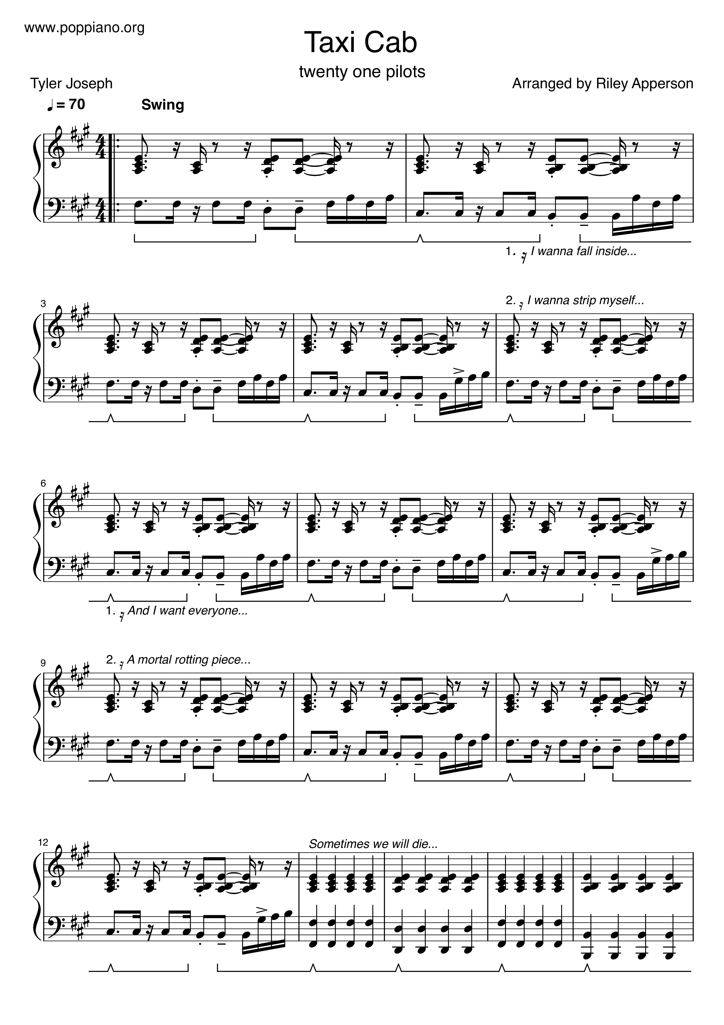 Twenty One Pilots-Taxi Cab Sheet Music pdf, - Free Score Download ★