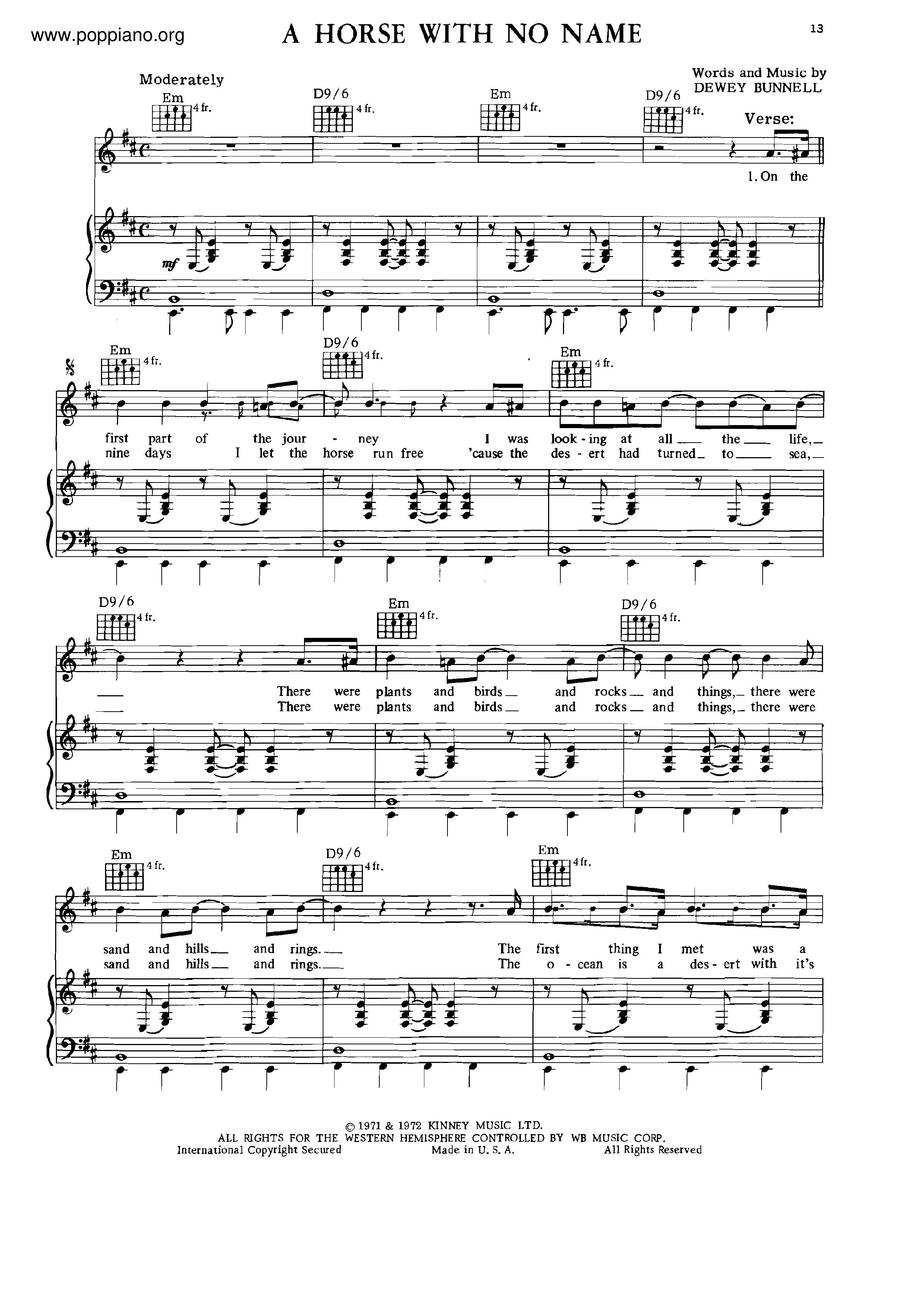 America-A Horse With No Name Sheet Music pdf, - Free Score Download ★