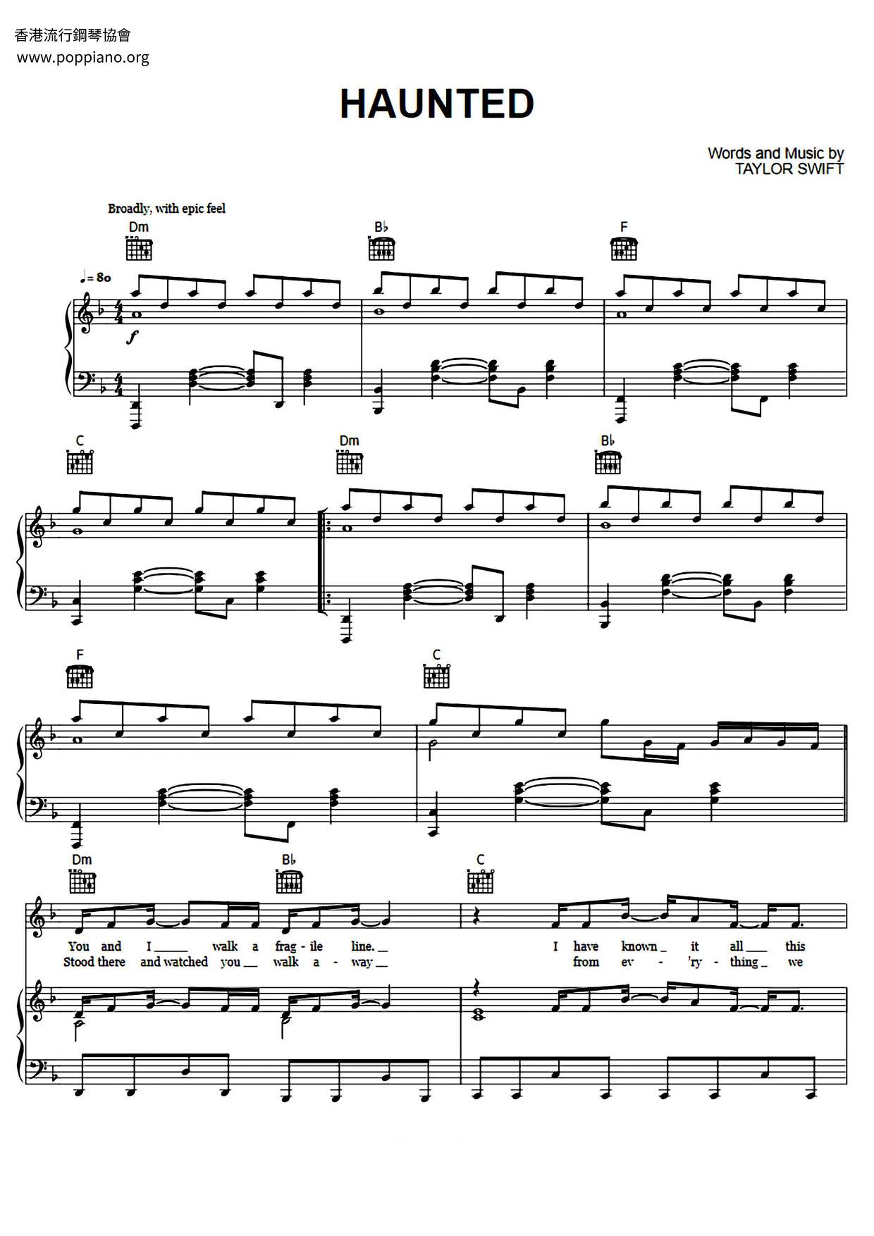 Taylor Swift-Haunted Sheet Music pdf, - Free Score Download ★