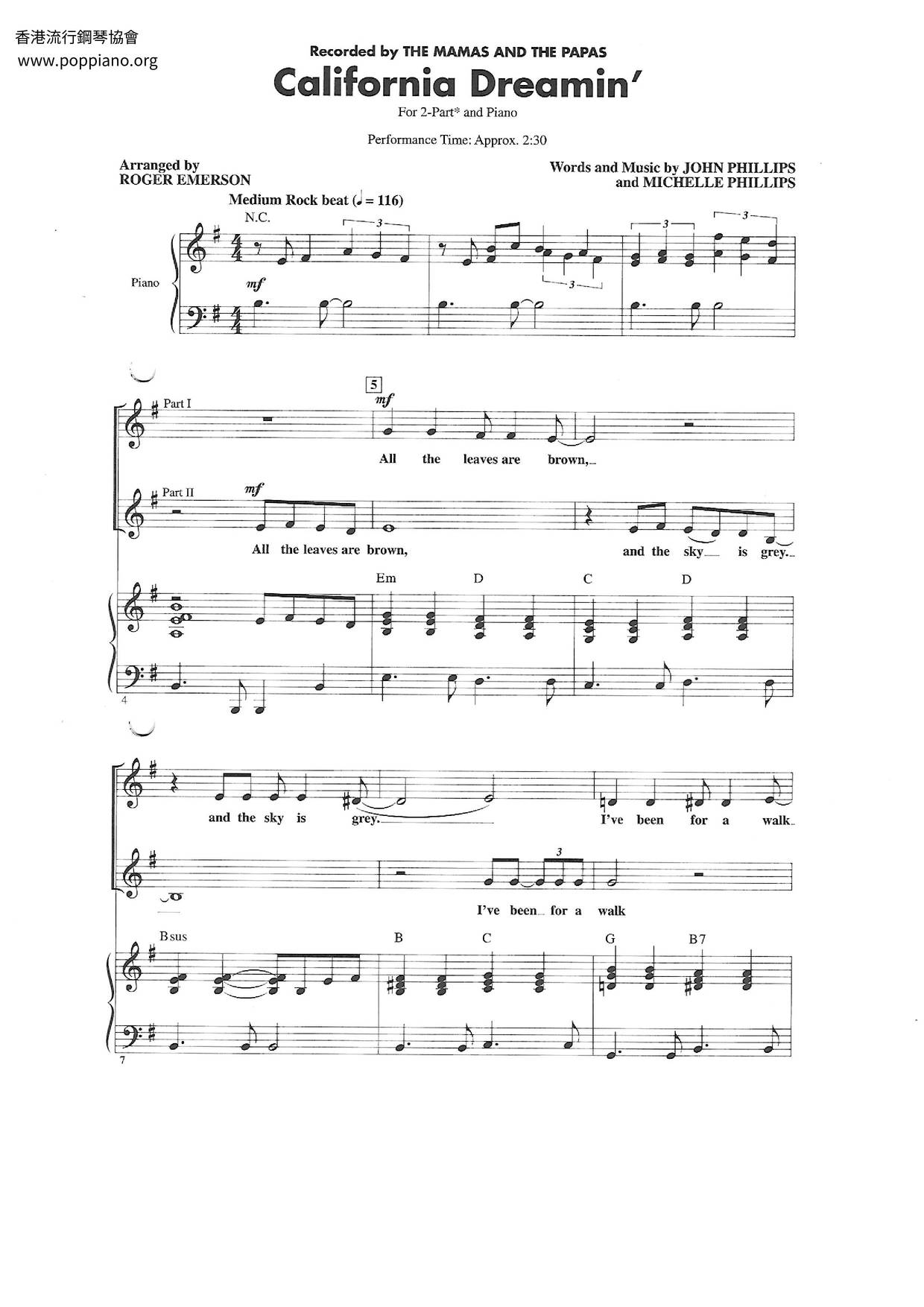 The Mamas & The Papas-California Dreamin' Sheet Music pdf, - Free Score ...