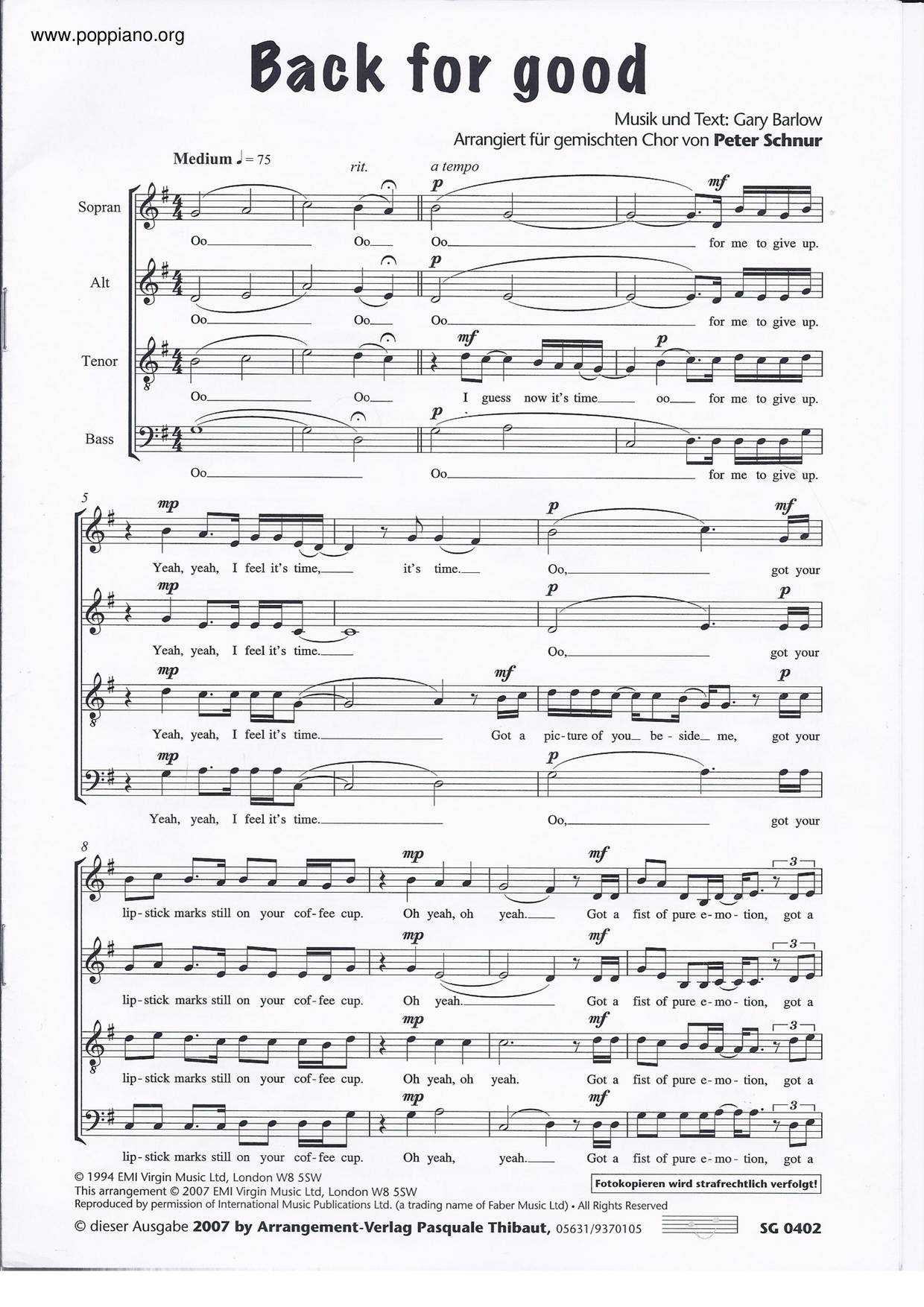 Take That-Back For Good Sheet Music pdf, - Free Score Download ★