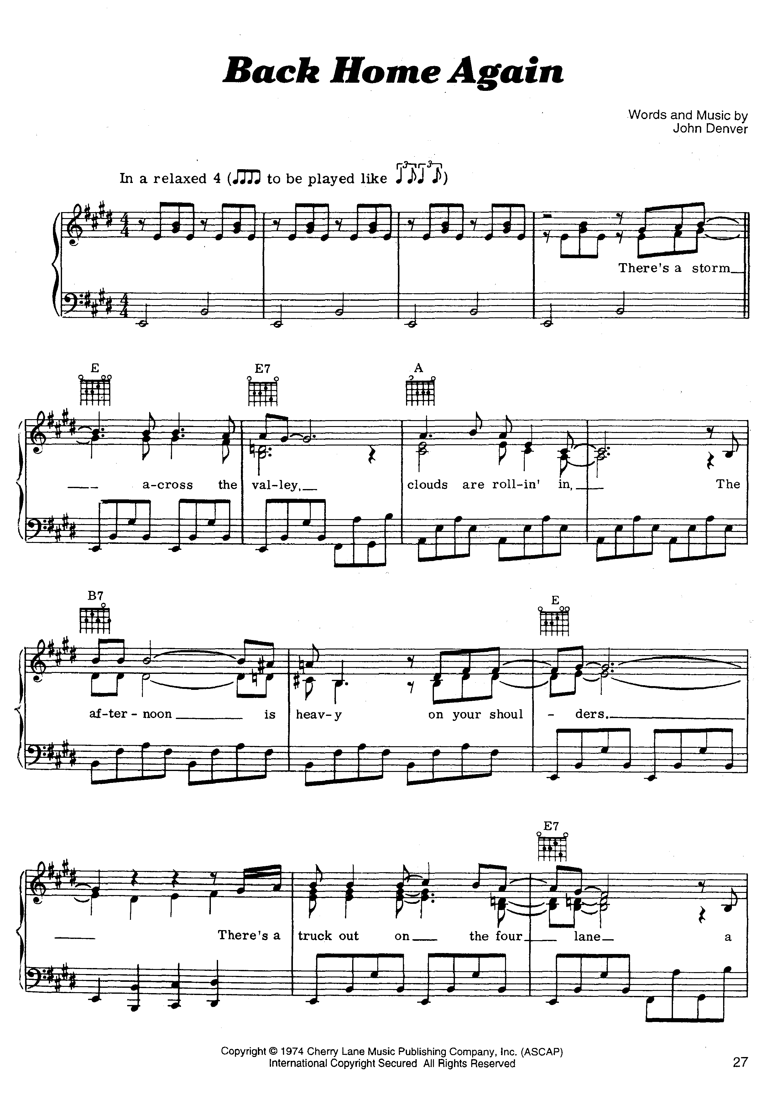 John Denver-Back Home Again Sheet Music pdf, - Free Score Download ★
