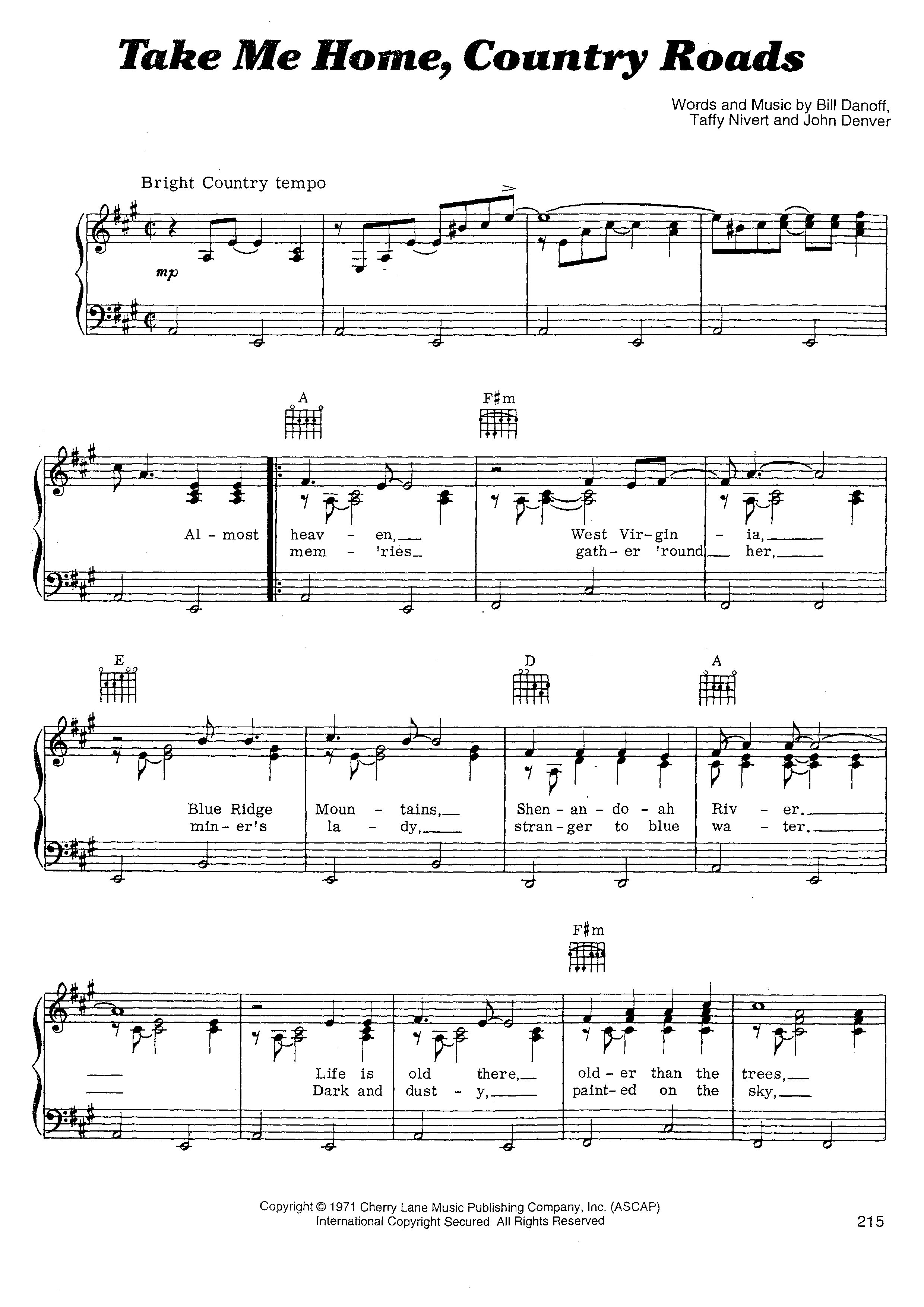 John Denver-Take Me Home, Country Roads Sheet Music pdf, - Free Score Download ★