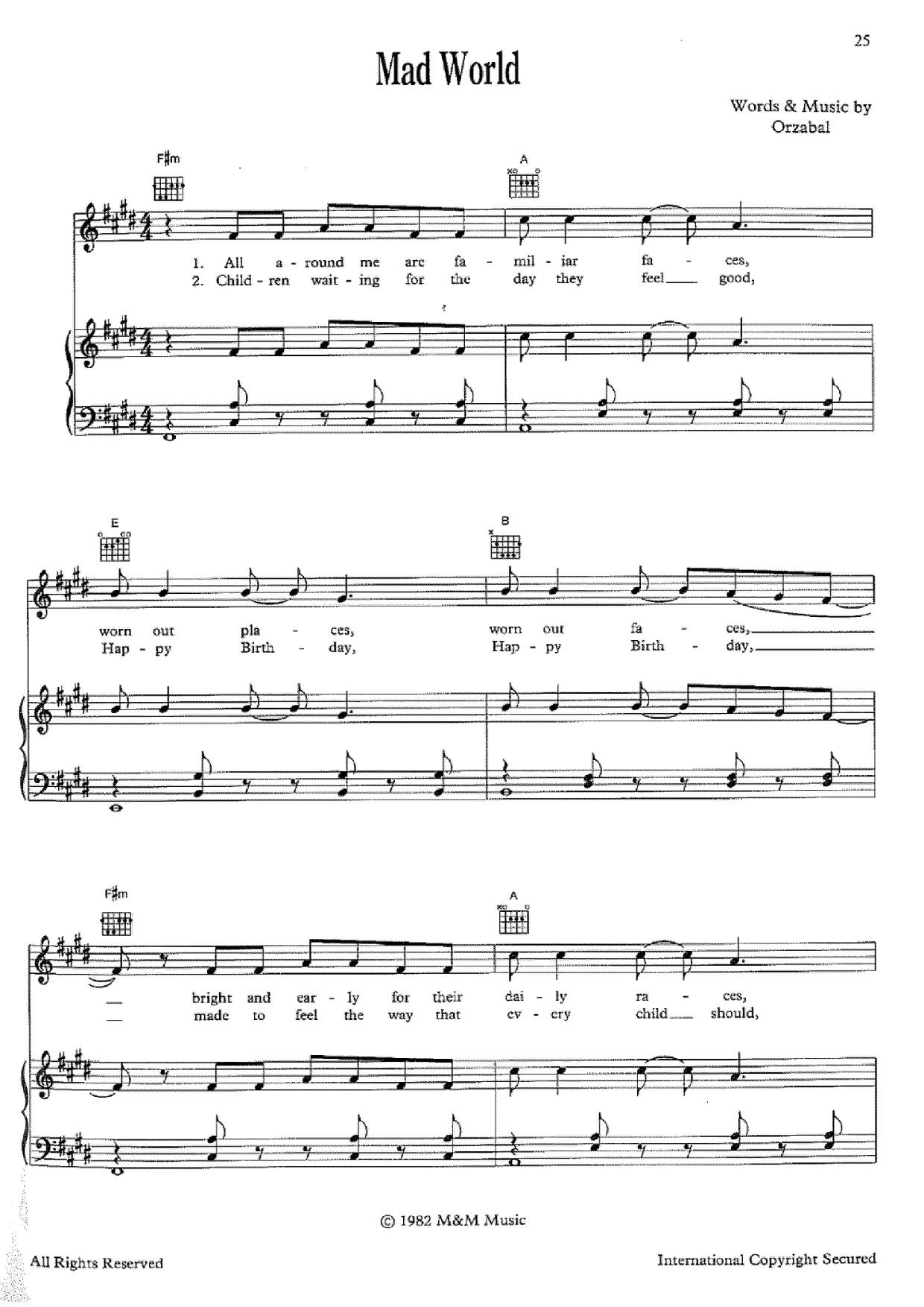 Tears For Fears-Mad World Sheet Music pdf, - Free Score Download ★