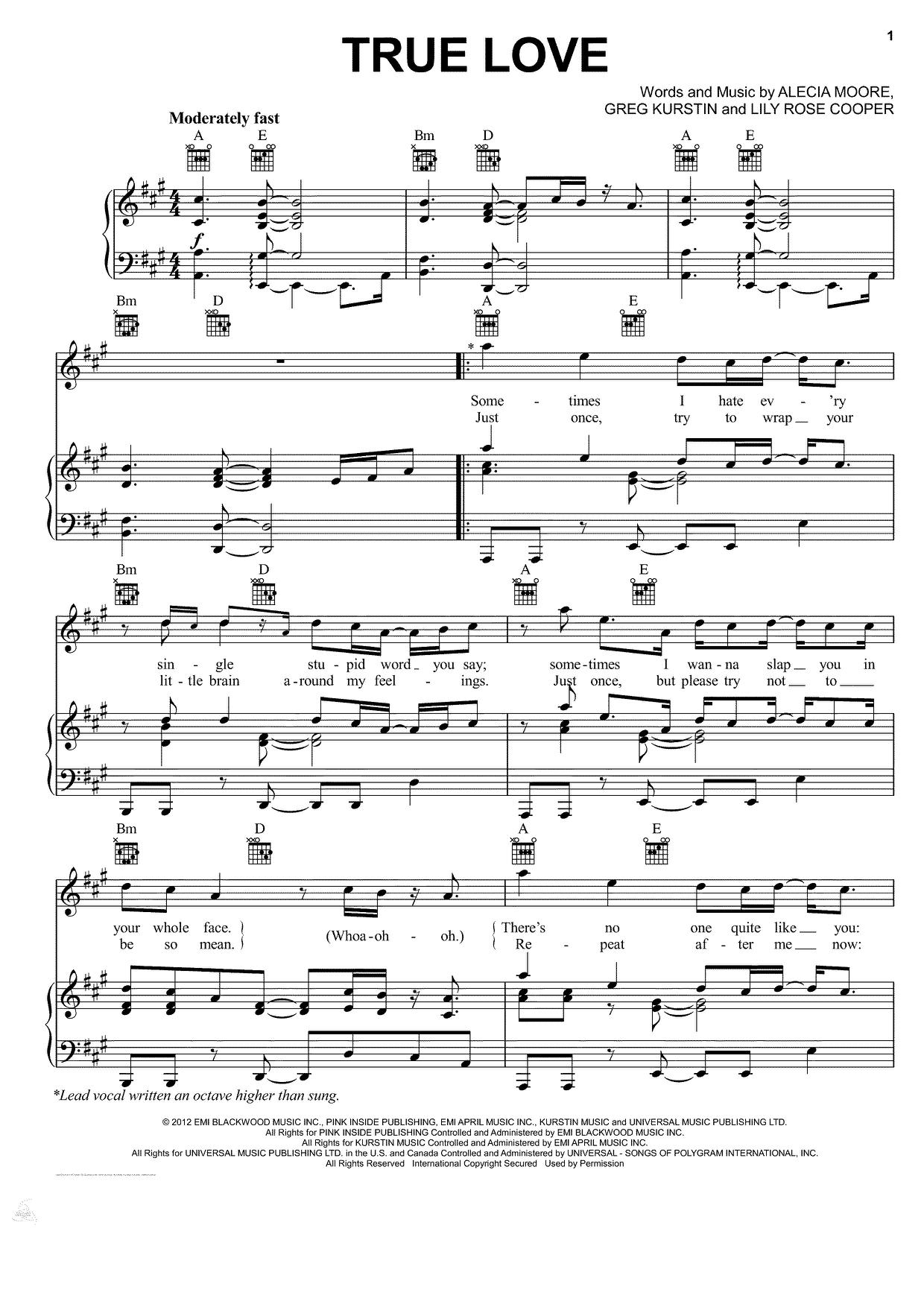 P!nk-True Love Sheet Music pdf, - Free Score Download ★