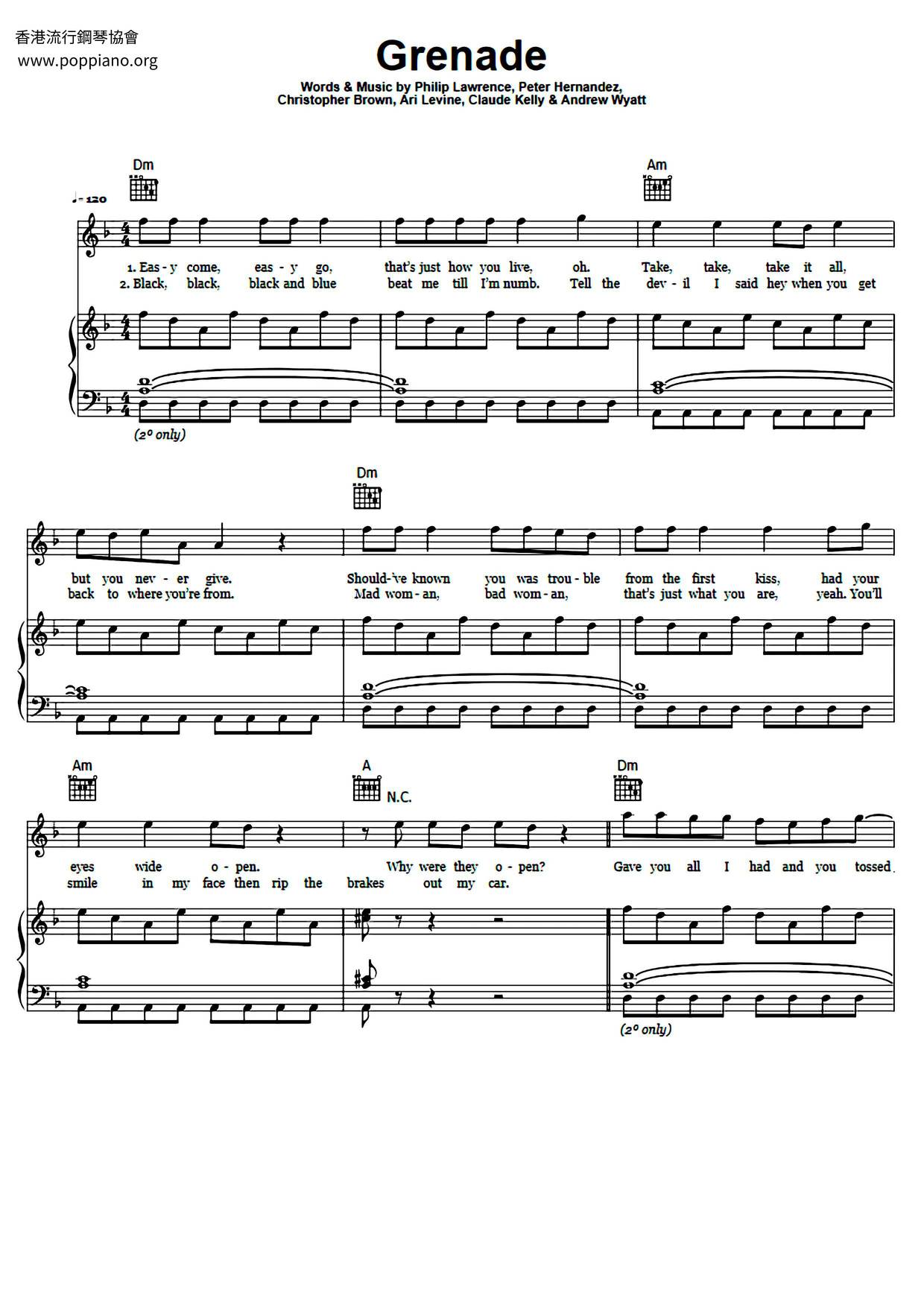 Bruno Mars-Grenade Sheet Music pdf, - Free Score Download ★