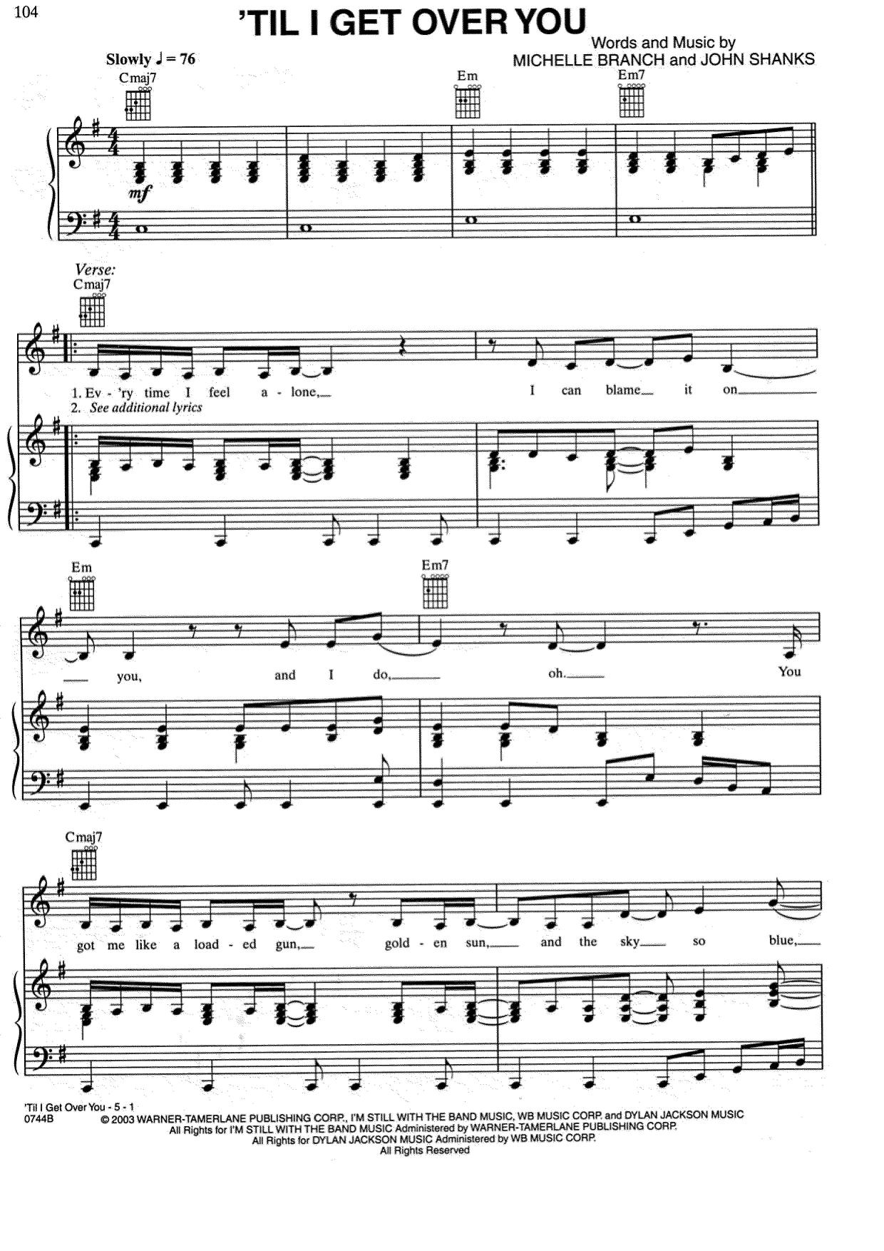 Michelle Branch-'Til I Get Over You Sheet Music pdf, - Free Score ...