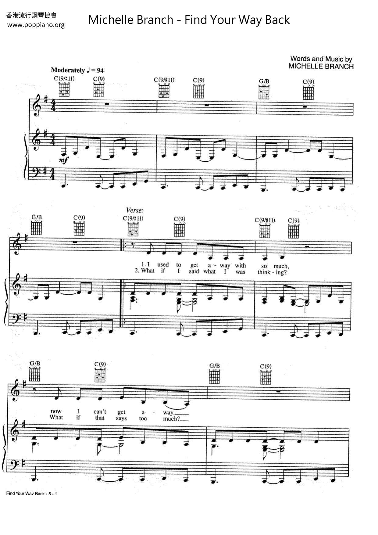 Michelle Branch-Find Your Way Back Sheet Music pdf, - Free Score Download ★