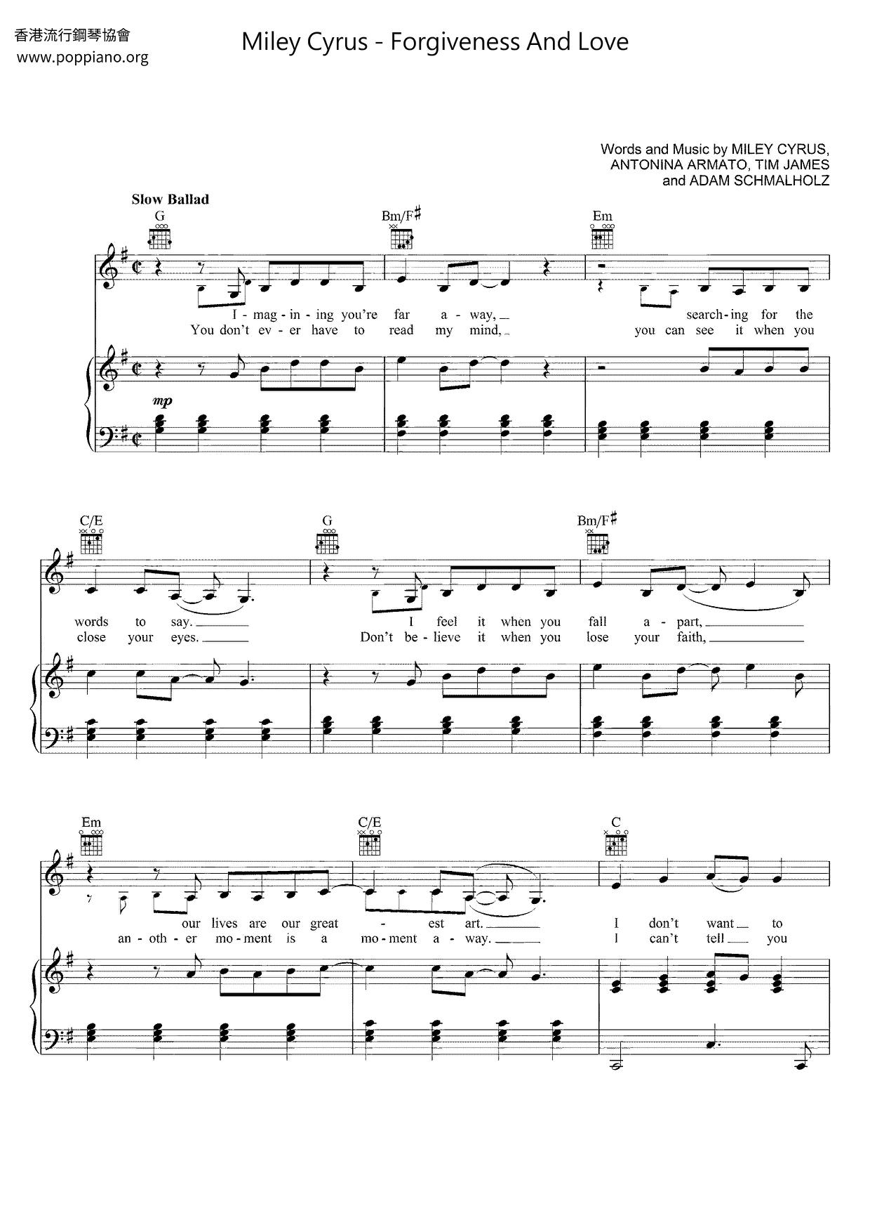 Miley Cyrus-Forgiveness And Love Sheet Music pdf, - Free Score Download ★